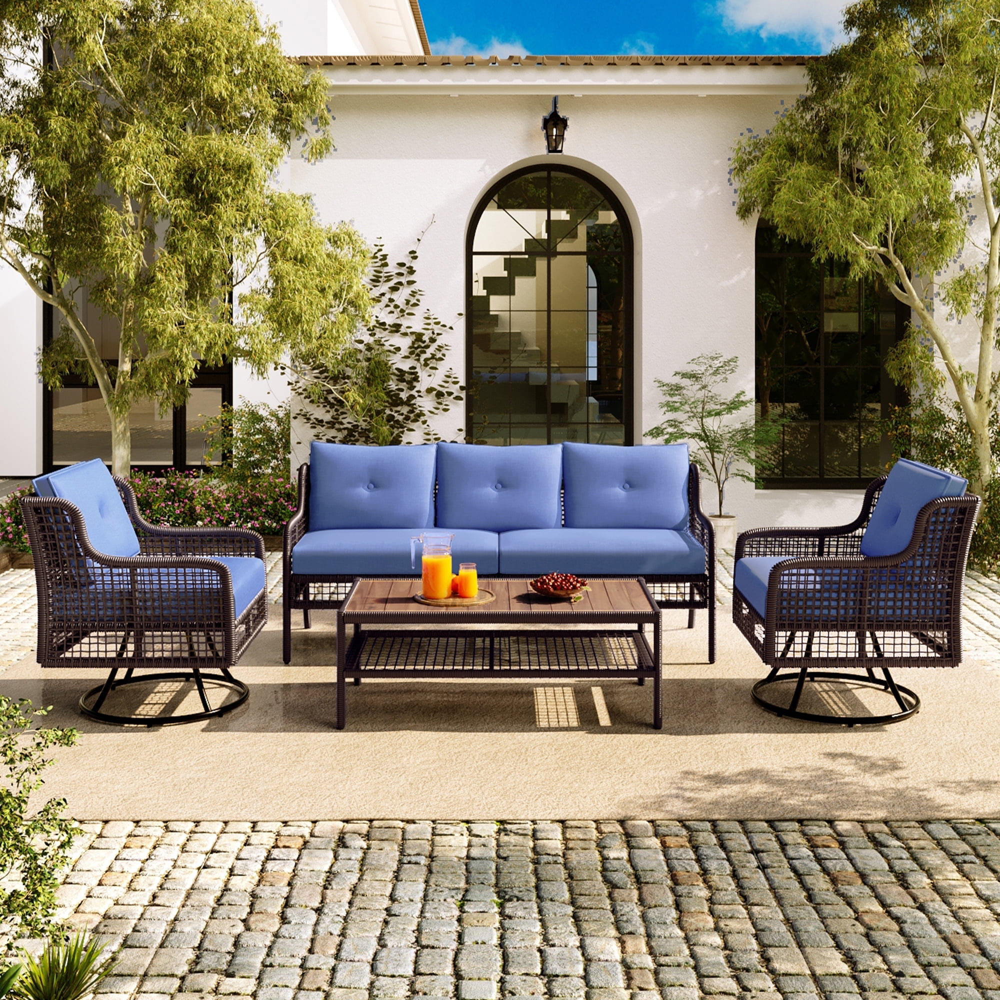 5-Piece Outdoor Wicker Rattan Patio Set with Extendable Tables ...