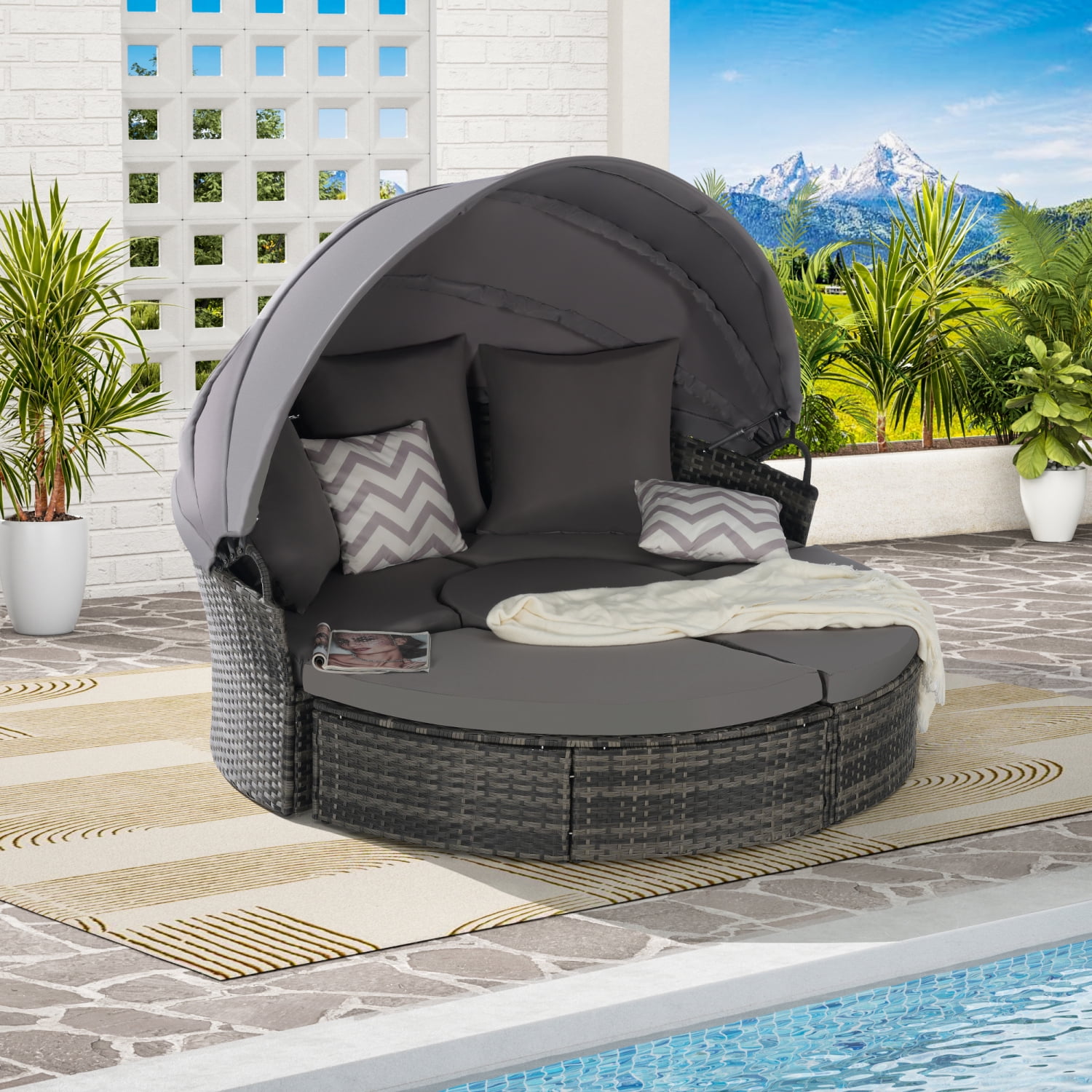 5 Pieces Patio Furniture Round Outdoor Sectional Sofa Set, Round Daybed ...