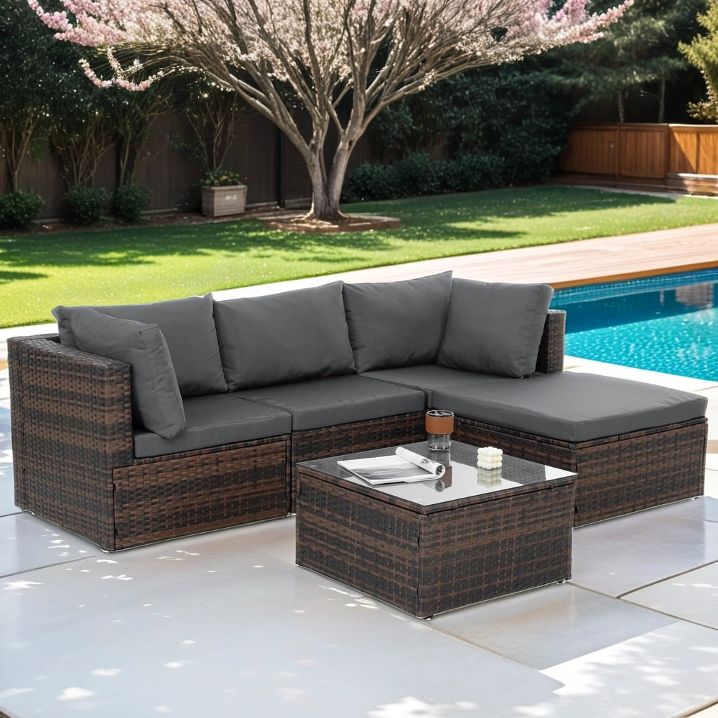5-Piece All-Weather Patio Set, Outdoor Sectional Sofa with Cushion ...