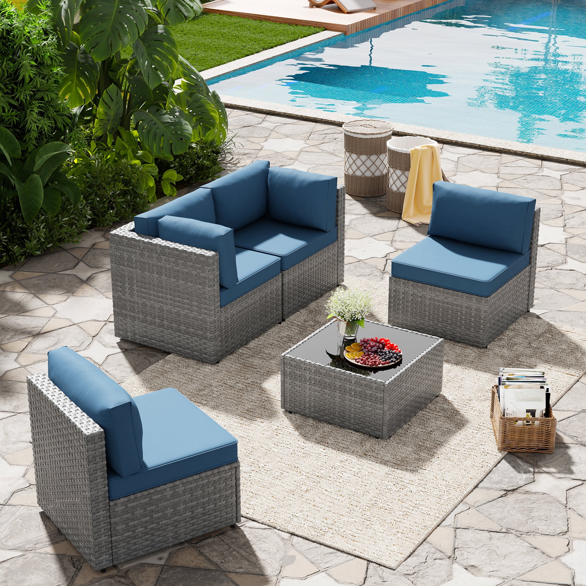 Walsunny 5-Piece Aegean Blue Patio Furniture Set, Wicker Outdoor Corner ...