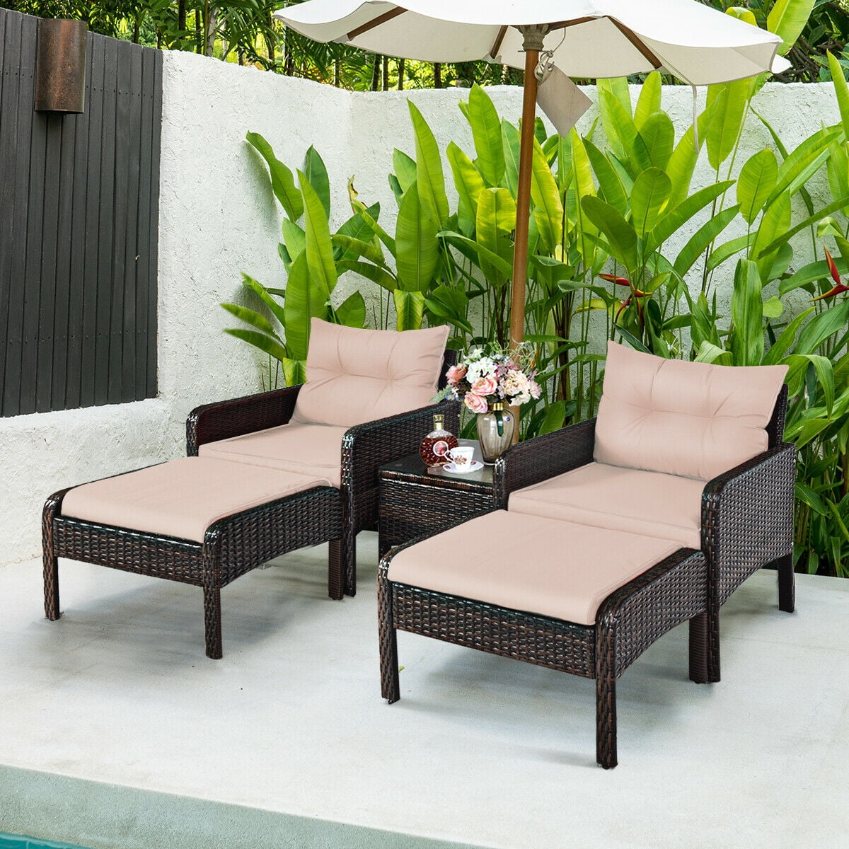 5 Pieces Patio Rattan Wicker Furniture Set Sofa Ottoman with Brown Cushion Patio Garden Yard ...