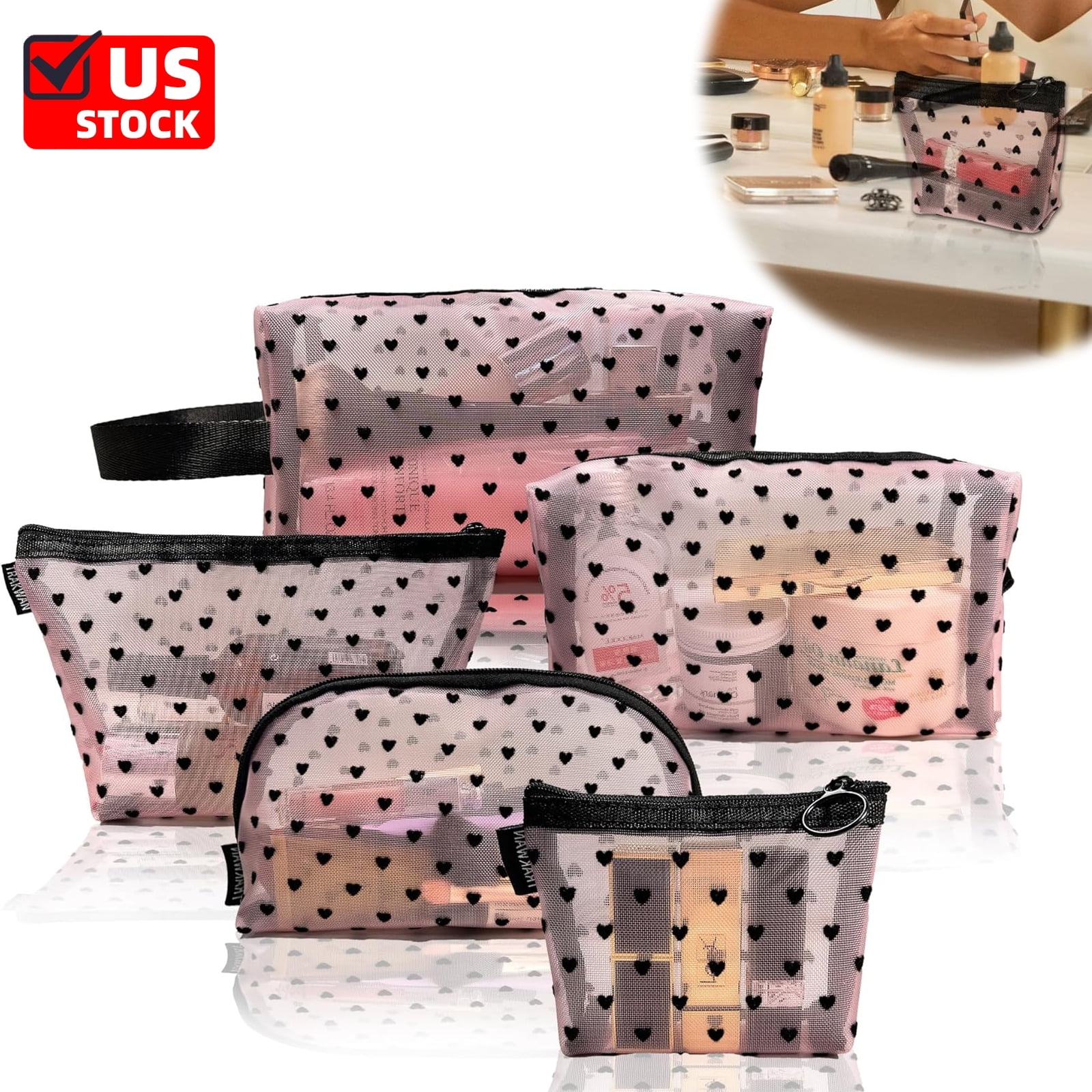 5 Pieces Pink Mesh Heart Makeup Bags Sets, Zipper Mesh Cosmetic Bag ...