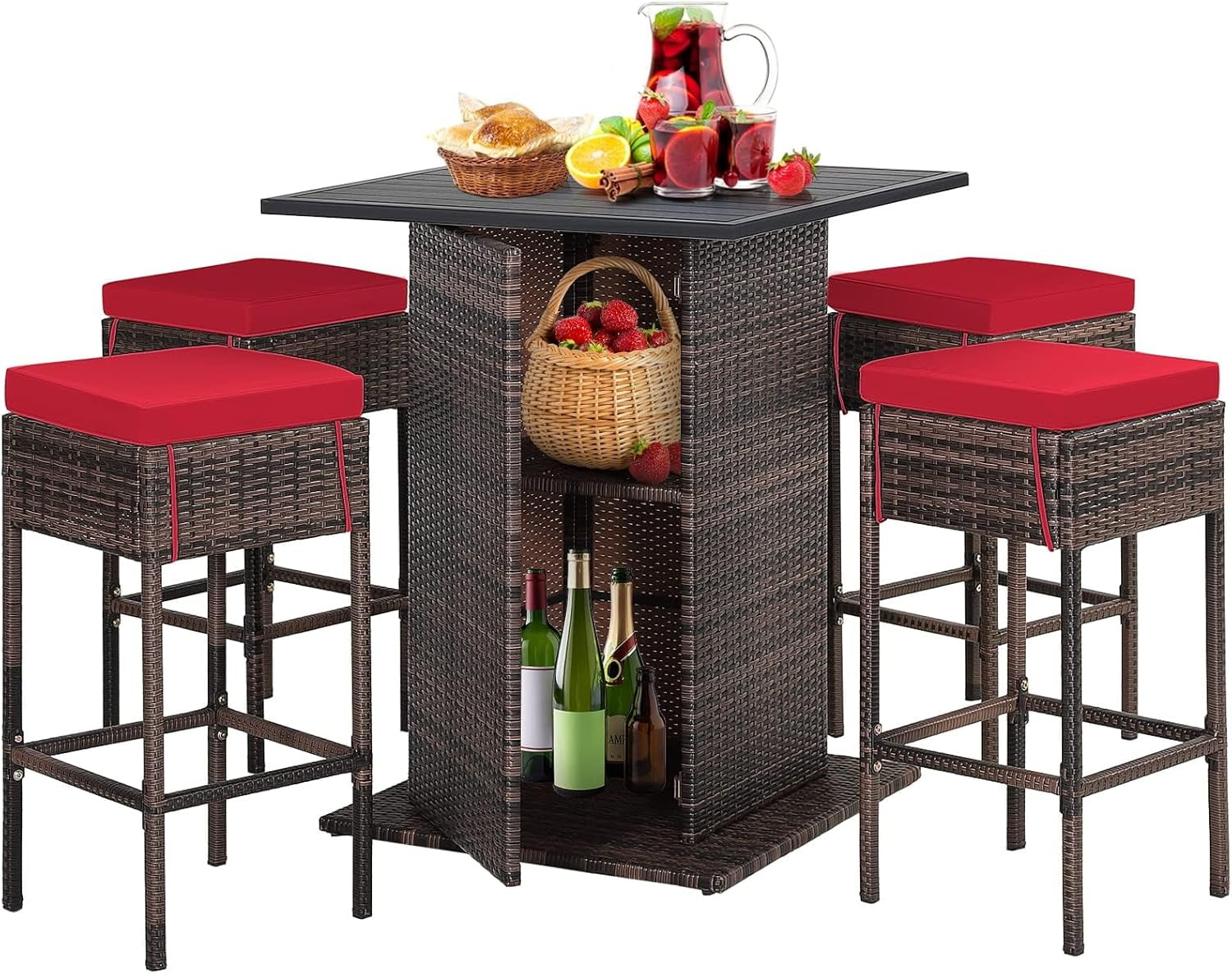 5 Pieces Rattan Bar Set, Outdoor Wicker Bar Table and 4 Bar Stools ...