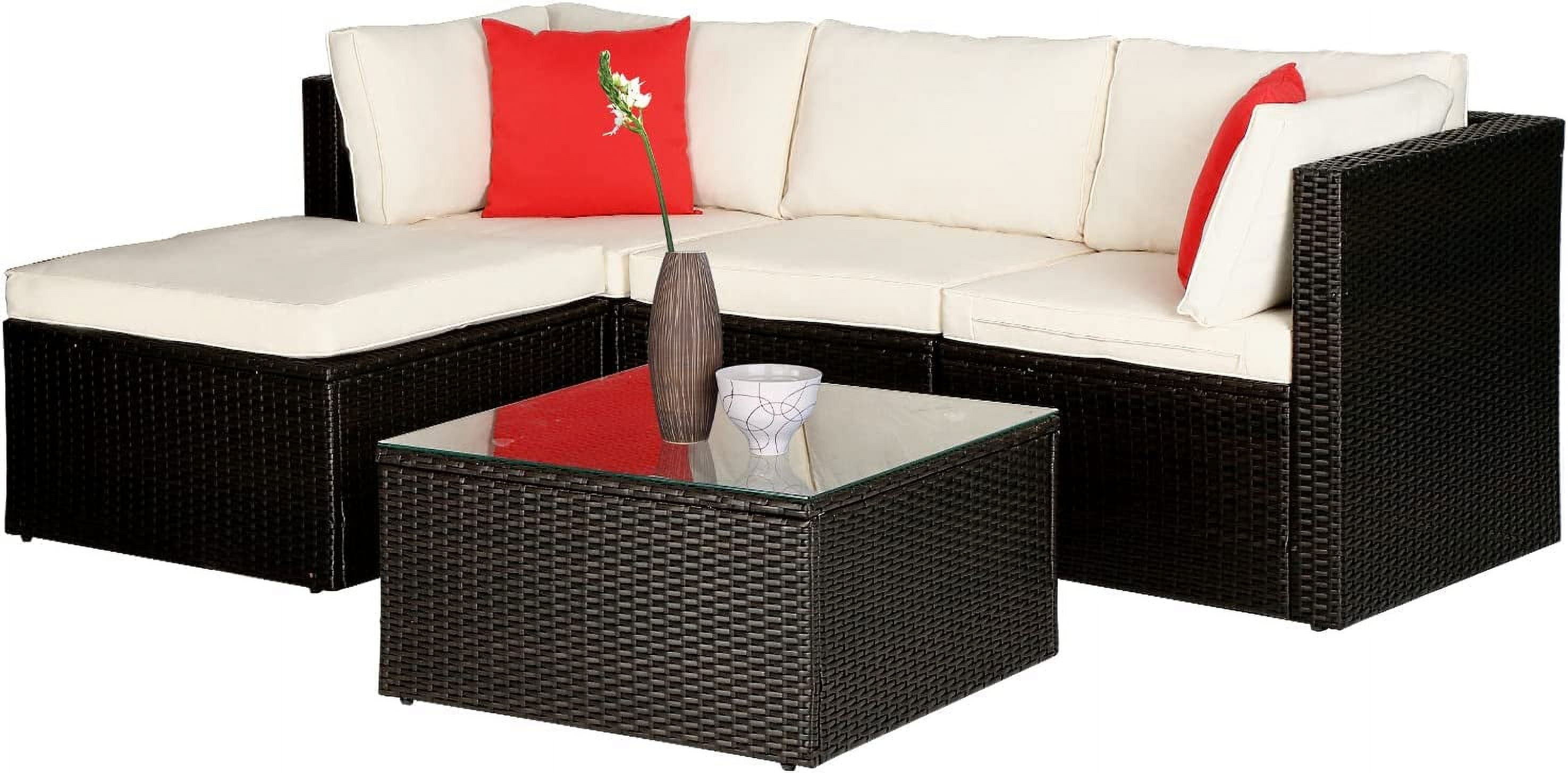 FDW Rattan Terrace Furniture 5-Piece Set 2 Red Pillows 2 Corner Chairs ...