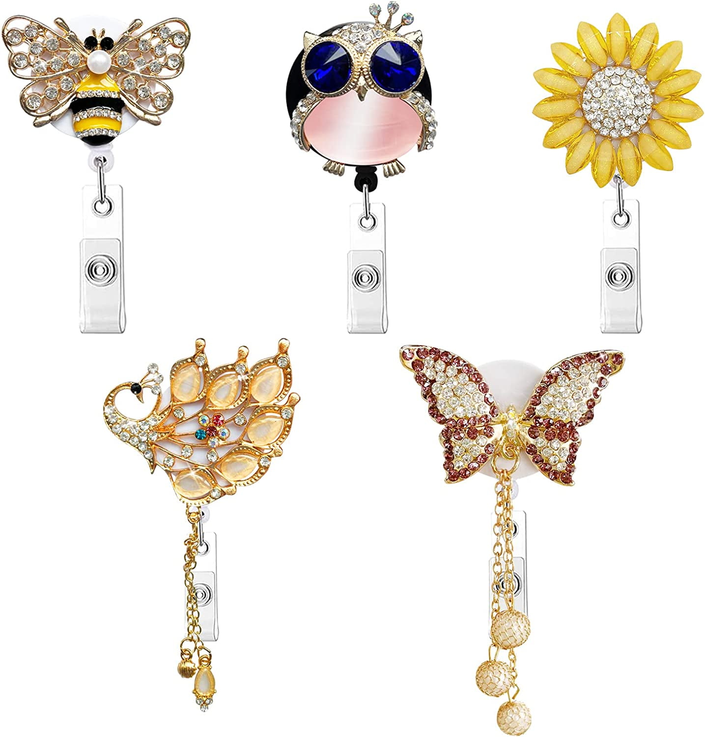 5 Pieces Rhinestone Retractable Badge Reel Bling, Owl Bee Butterfly ...