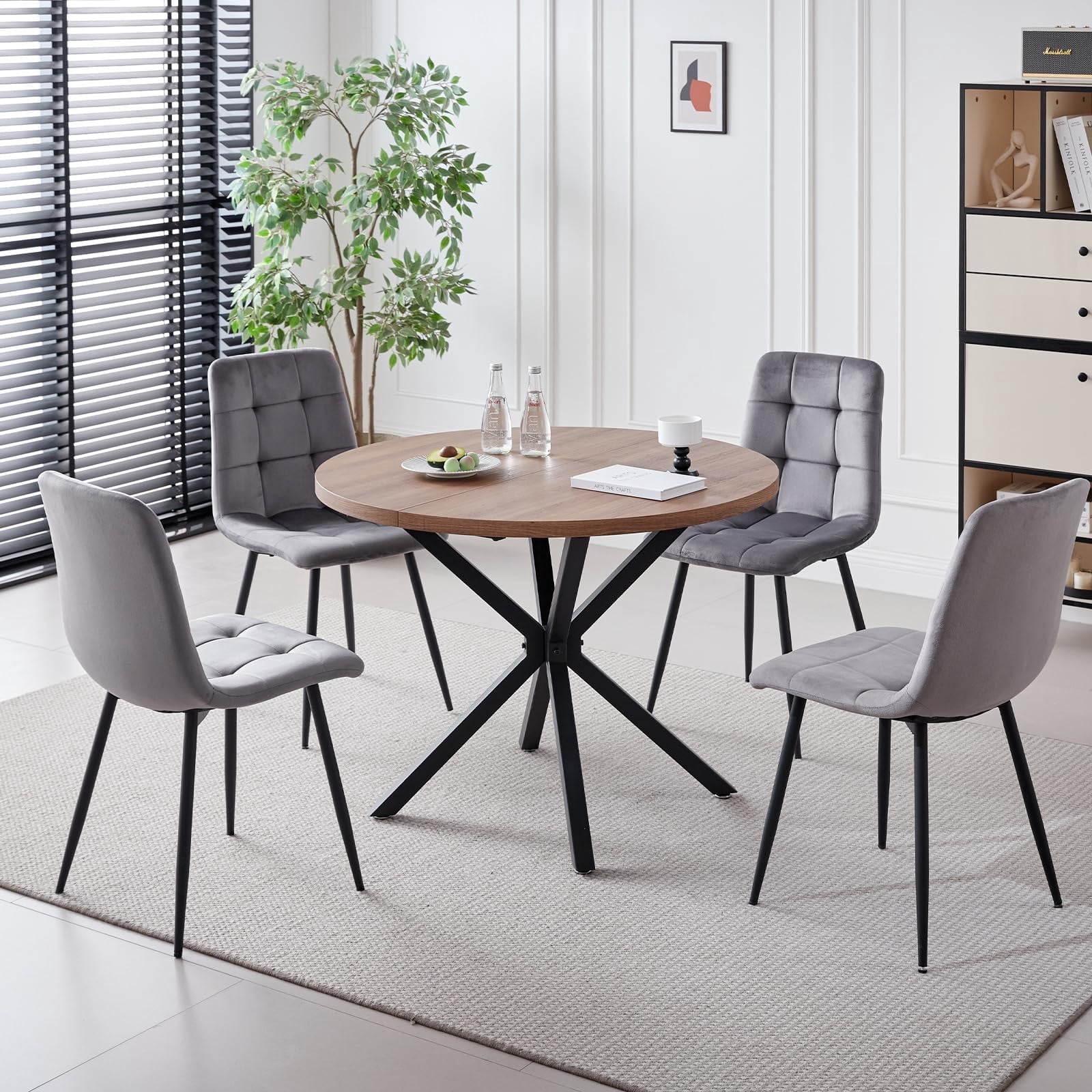 5 Pieces Round Dining Table Set - Mid-Century Brown Dining Table with 4 ...
