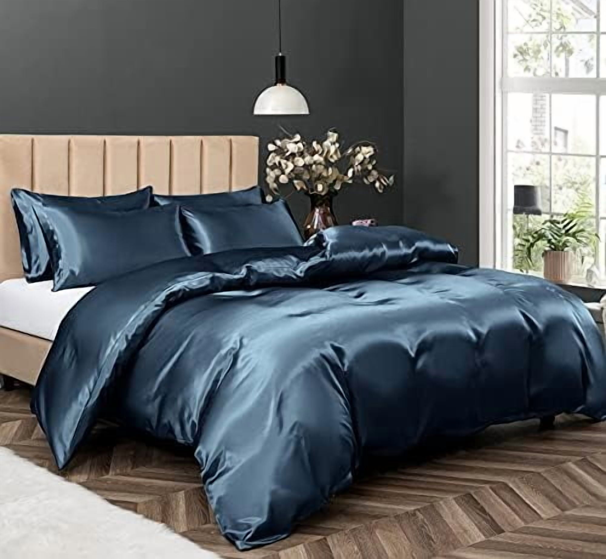 5 Pieces Satin Duvet Cover Full/Queen Size Set, Luxury Silky Like Navy ...