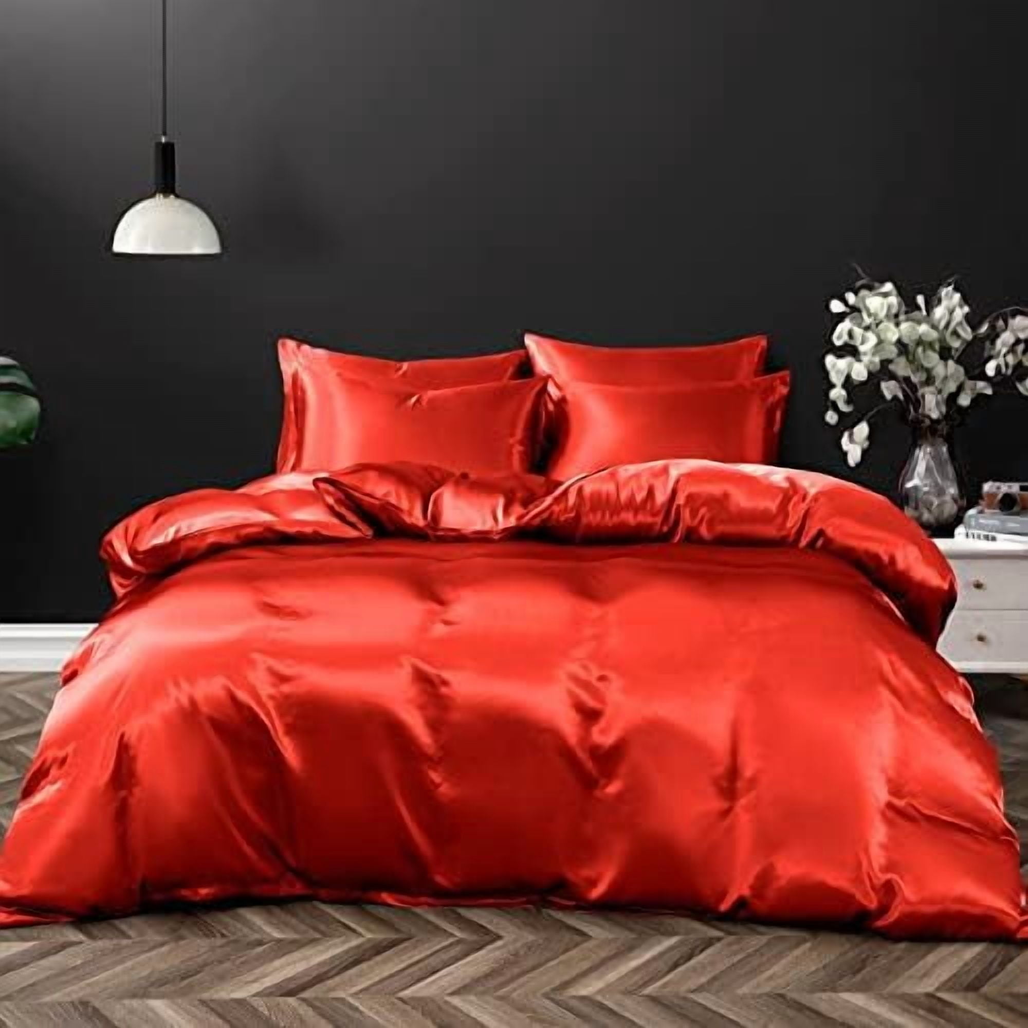 5 Pieces Satin Duvet Cover Full/Queen Size Set, Luxury Silky Like Red ...