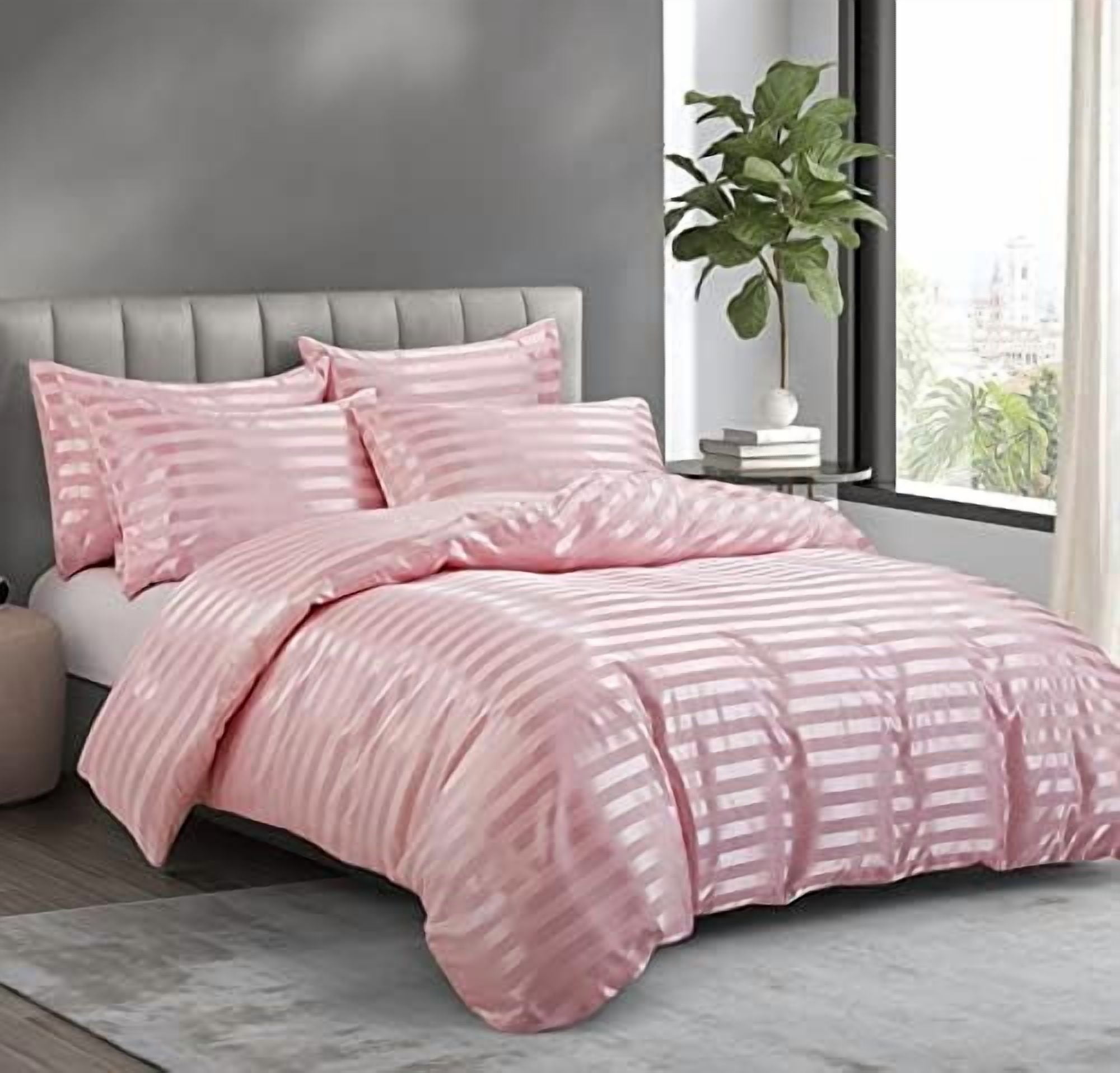 5 Pieces Satin Striped Duvet Cover Full/Queen Size Set, Luxury Silky ...