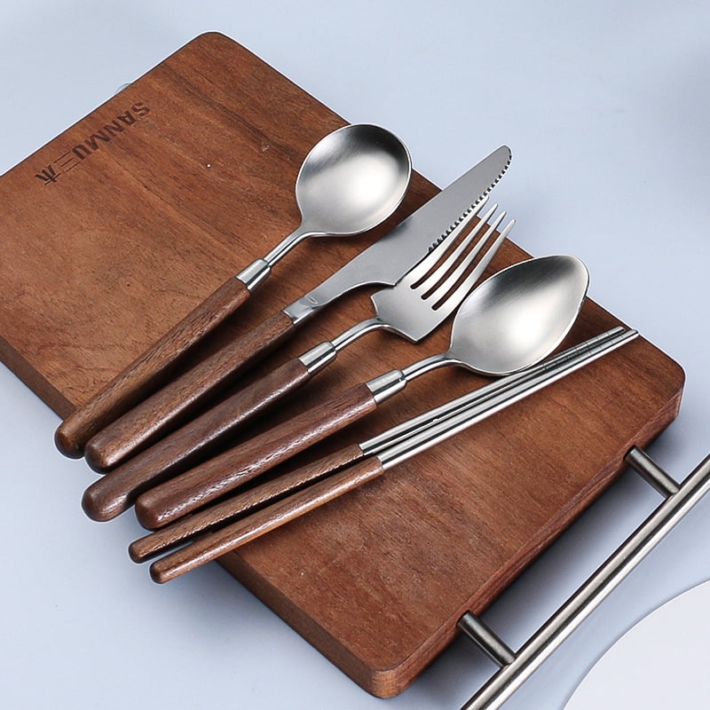 5 Pieces Stainless Steel Cutlery Set Short Wood Handle Flatware Set ...