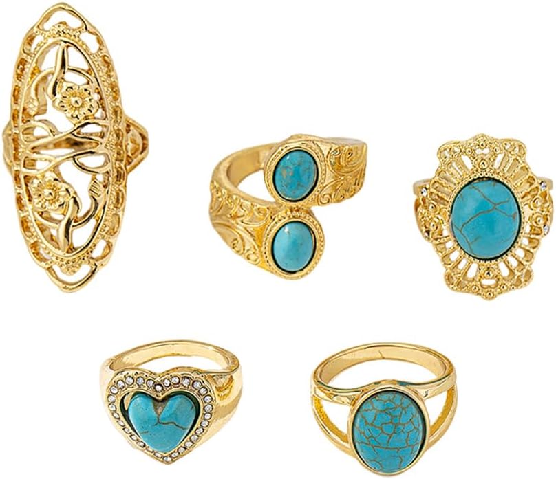 5 Pieces Turquoise Stackable Finger Rings Set for Women Men Boho Chunky ...