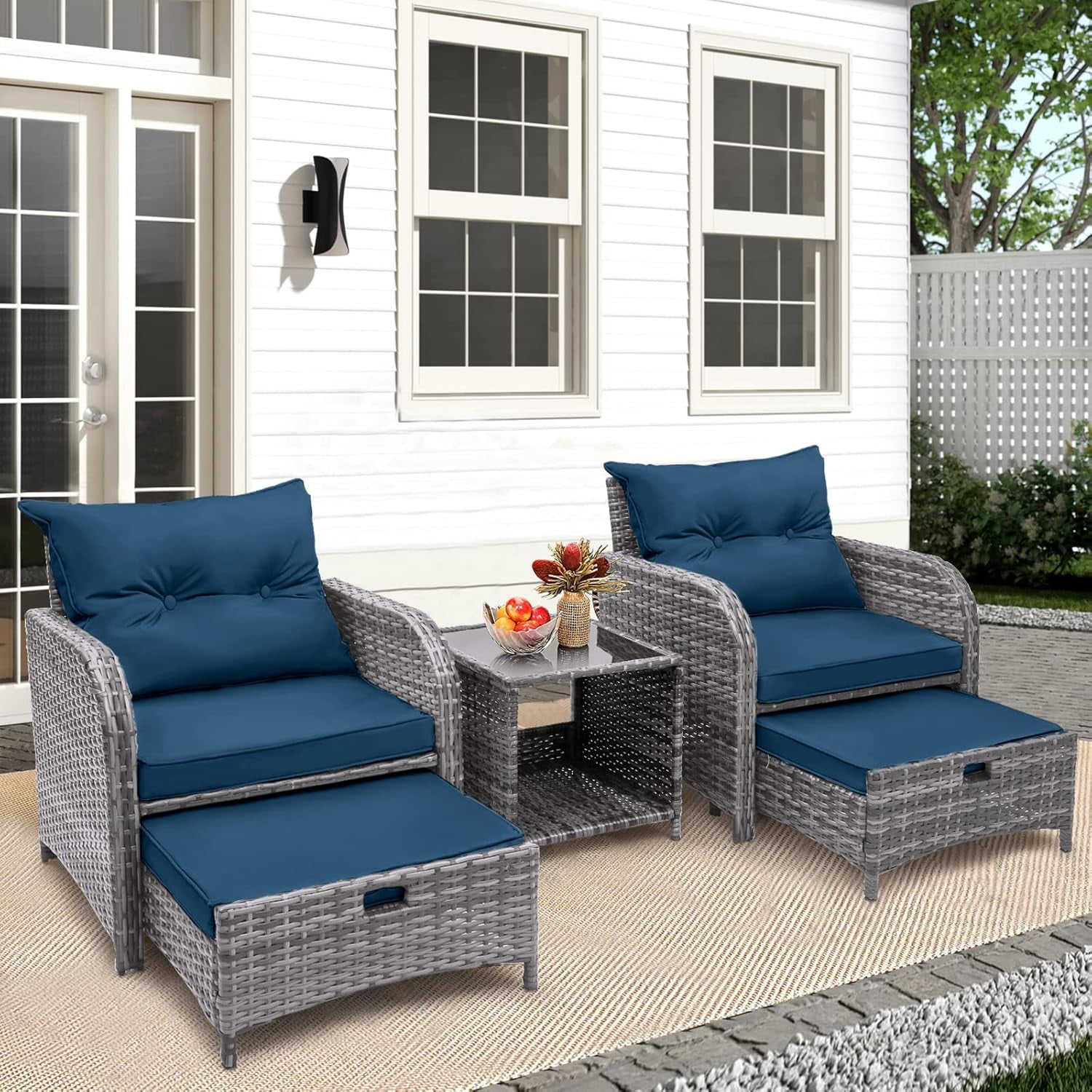 5 Pieces Wicker Outdoor Patio Chairs Set with Ottoman, All Weather PE ...
