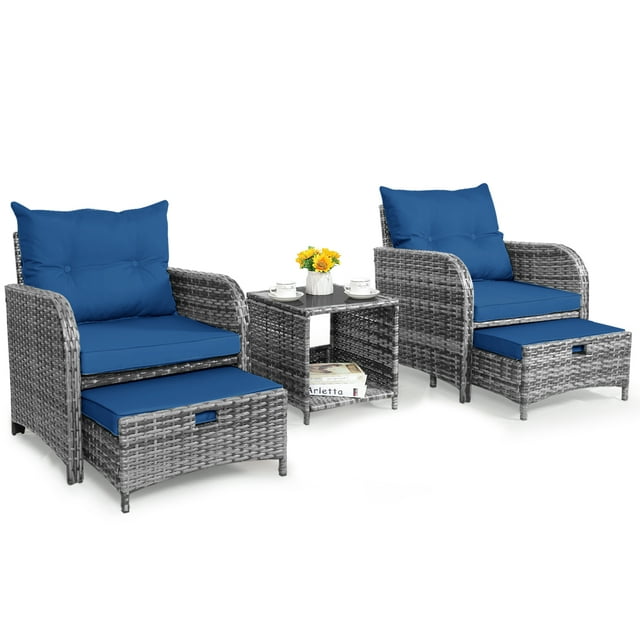 5 Pieces Wicker Outdoor Patio Chairs Set with Ottoman, PE Rattan Patio Conversation Furniture ...