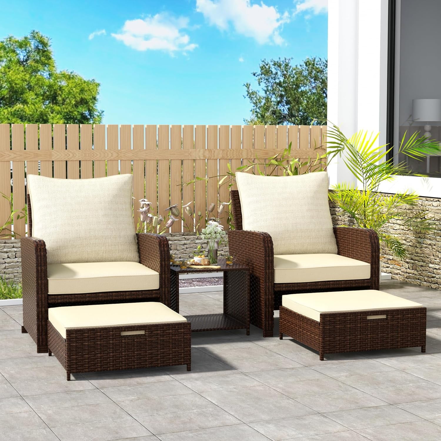 5 Pieces Wicker Patio Furniture Set, Rattan Patio Conversations Sets, Patio Bistro Set with ...