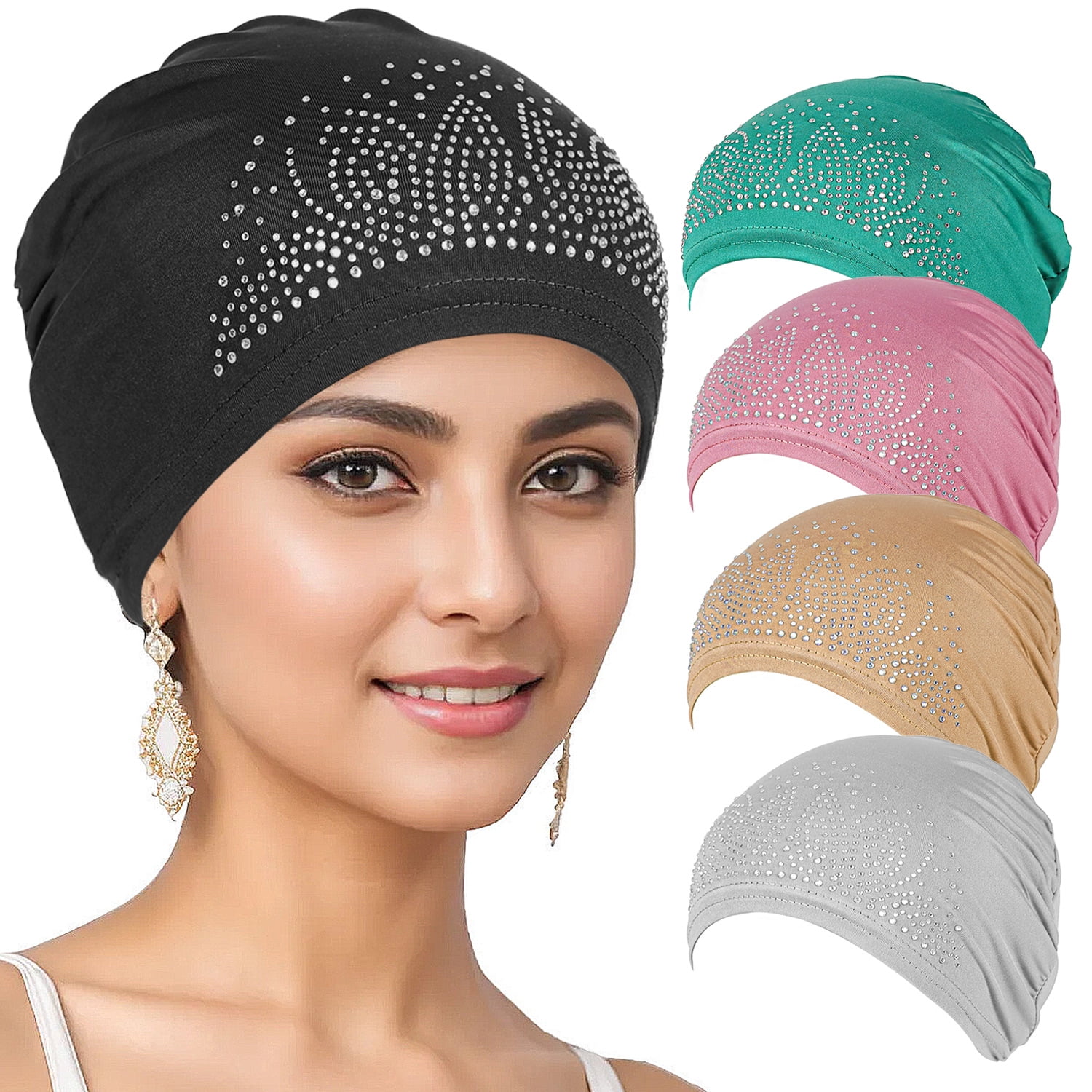 5 Pieces Womens Rhinestone Head Scarf Head Wrap Chemo Cap Spandex ...