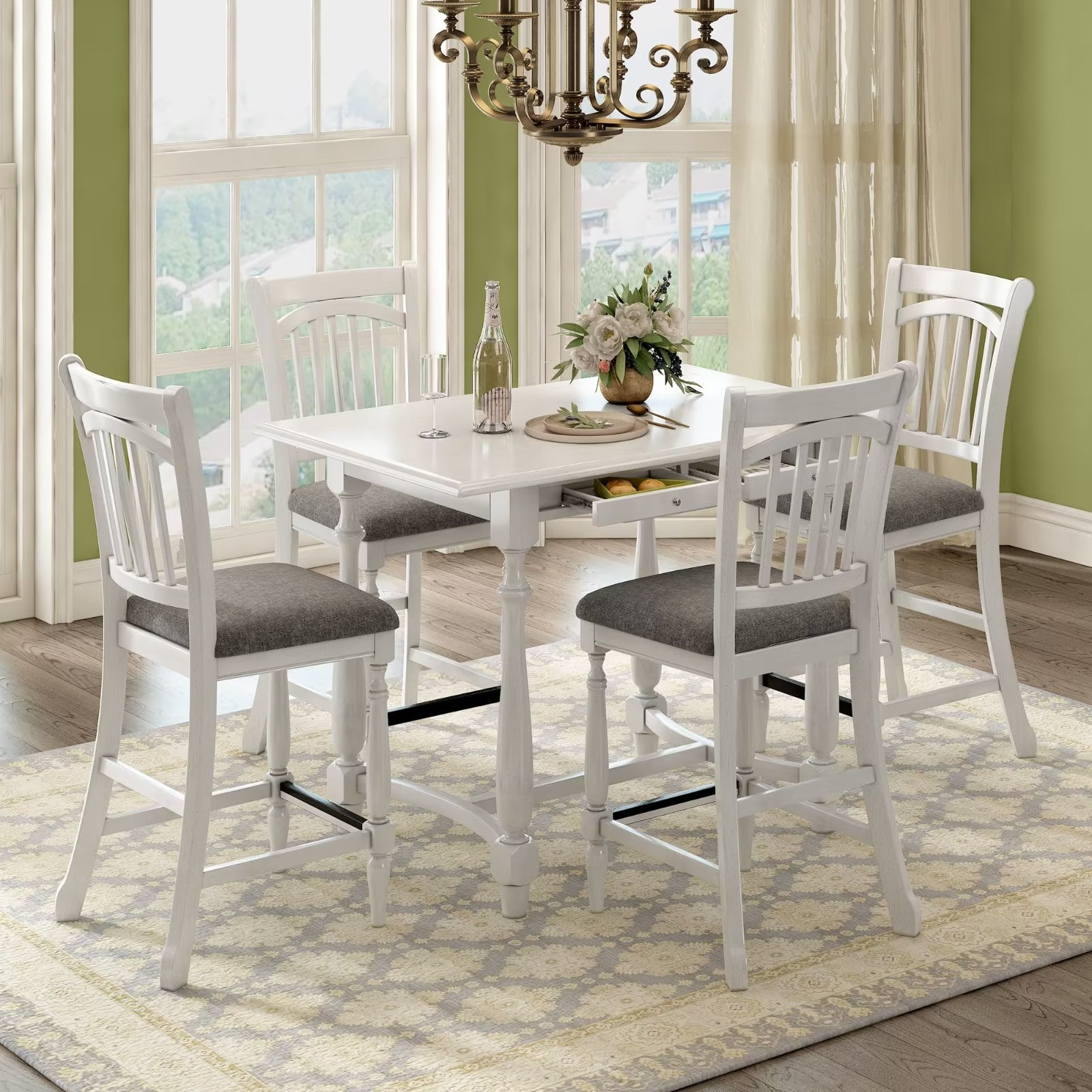 5 Pieces Wood Dining Table Set, Counter Height Kitchen Set with Storage ...
