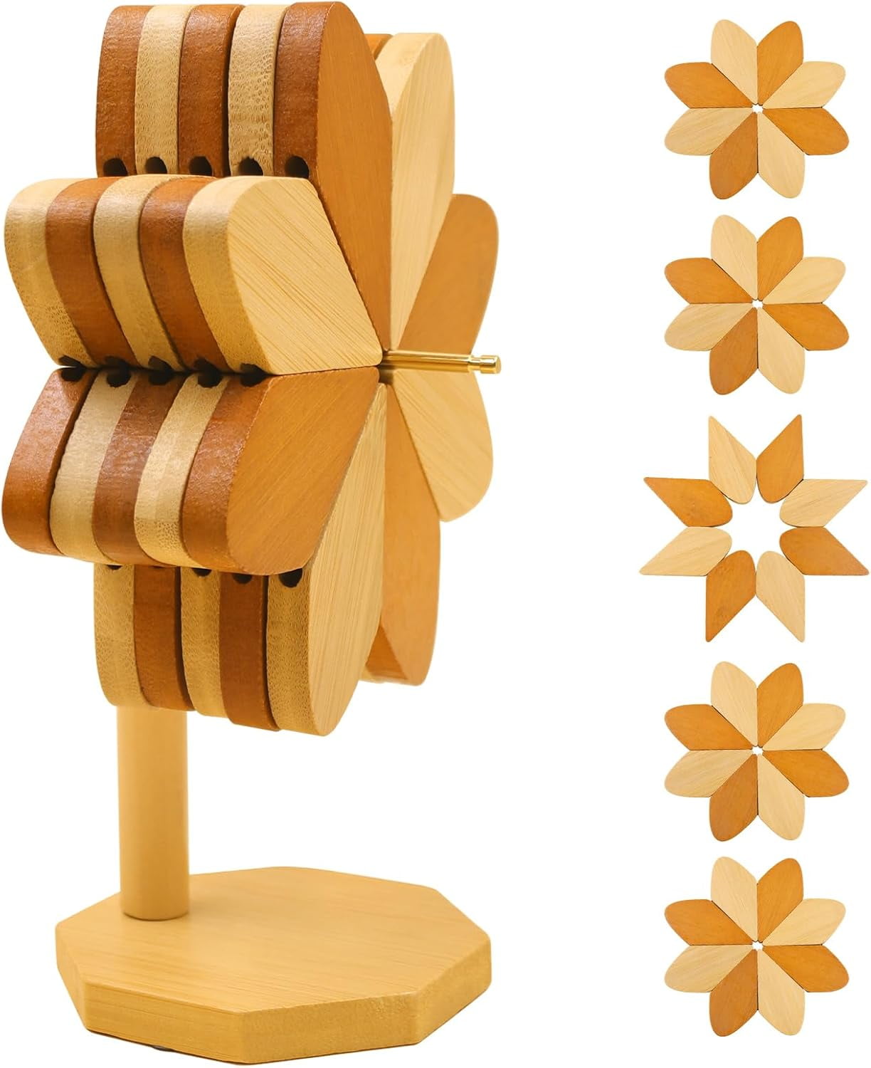 5 Pieces Wooden Trivets for Hot Dishes, Natural Collapsible Kitchen Trivet with Base, Anti Stain ...