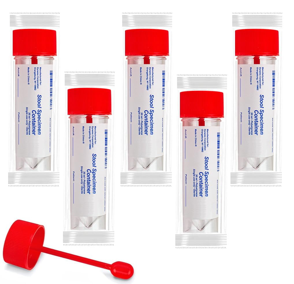 5/Pk 30ml Plastic Stool Specimen Containers with Red Spoon Lid & Label ...