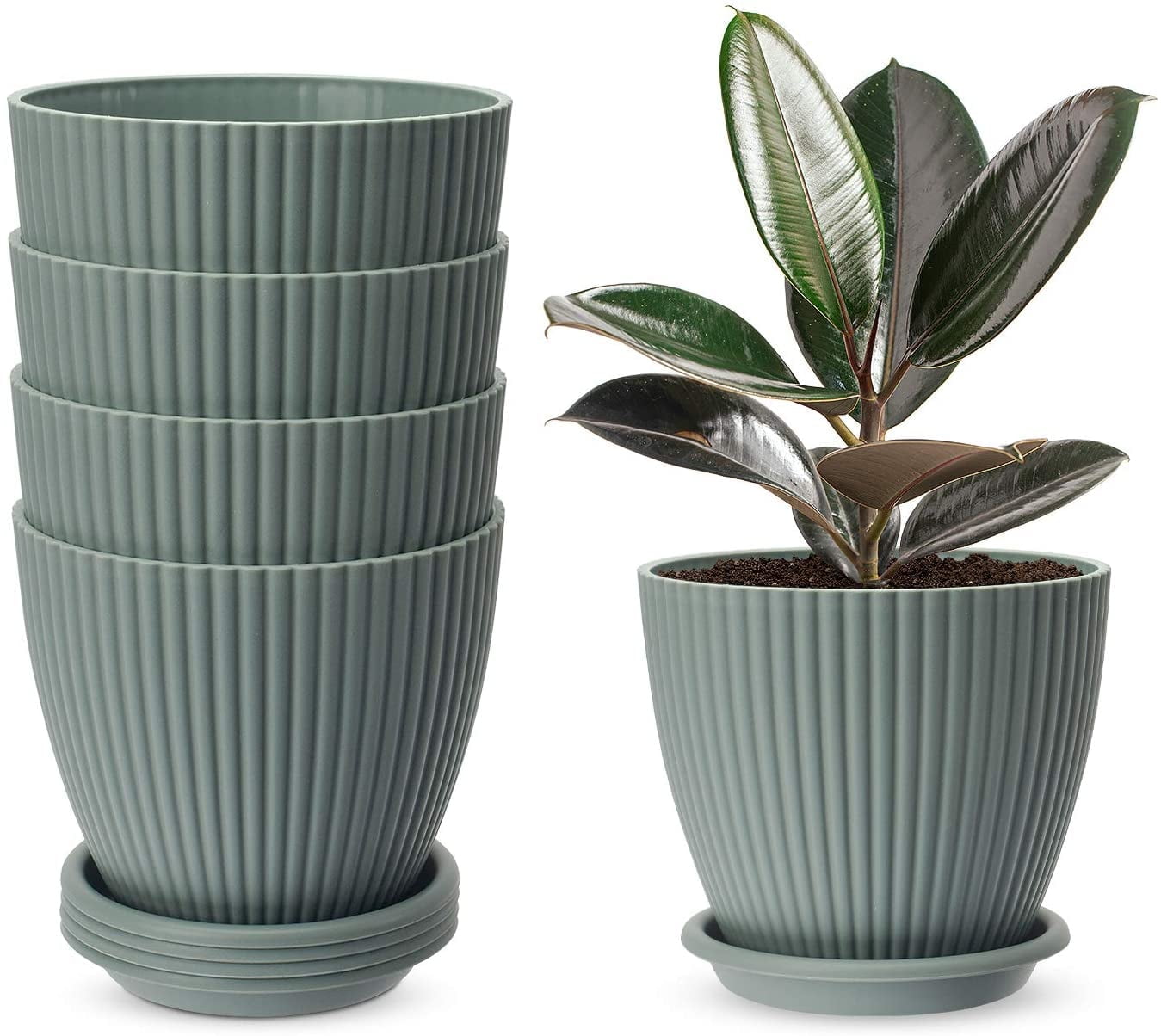 Kenzoplants 6" x 3.5" x 5" Round Green Plastic Stripe Pot Plant with ...