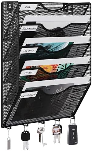 5 Pocket Mesh Wall File Organizer with Key Hooks, Hanging Paper Folder ...