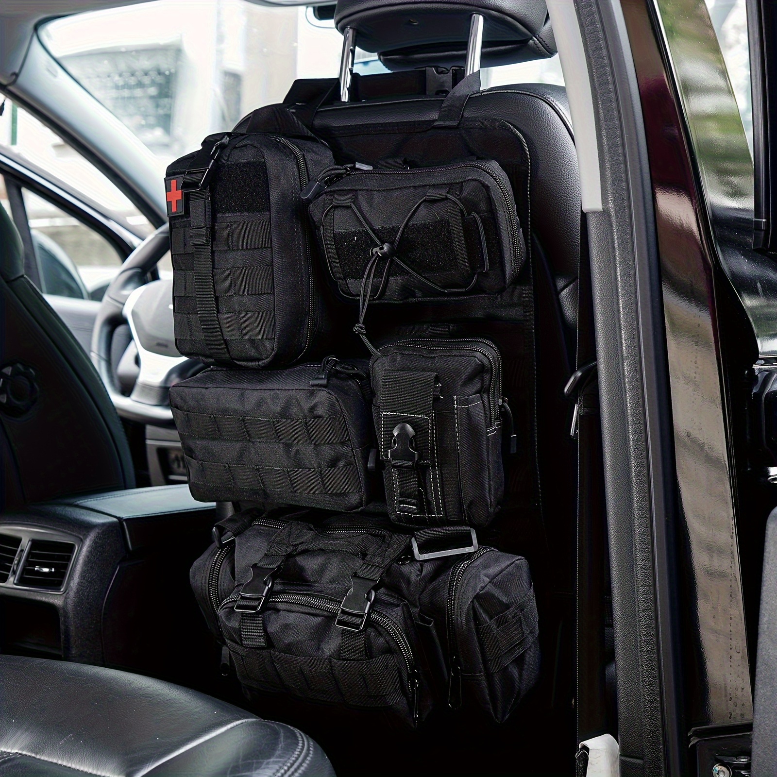 5-Pocket Molle Nylon Tactical Car Seat Organizer, Front & Back Seat ...