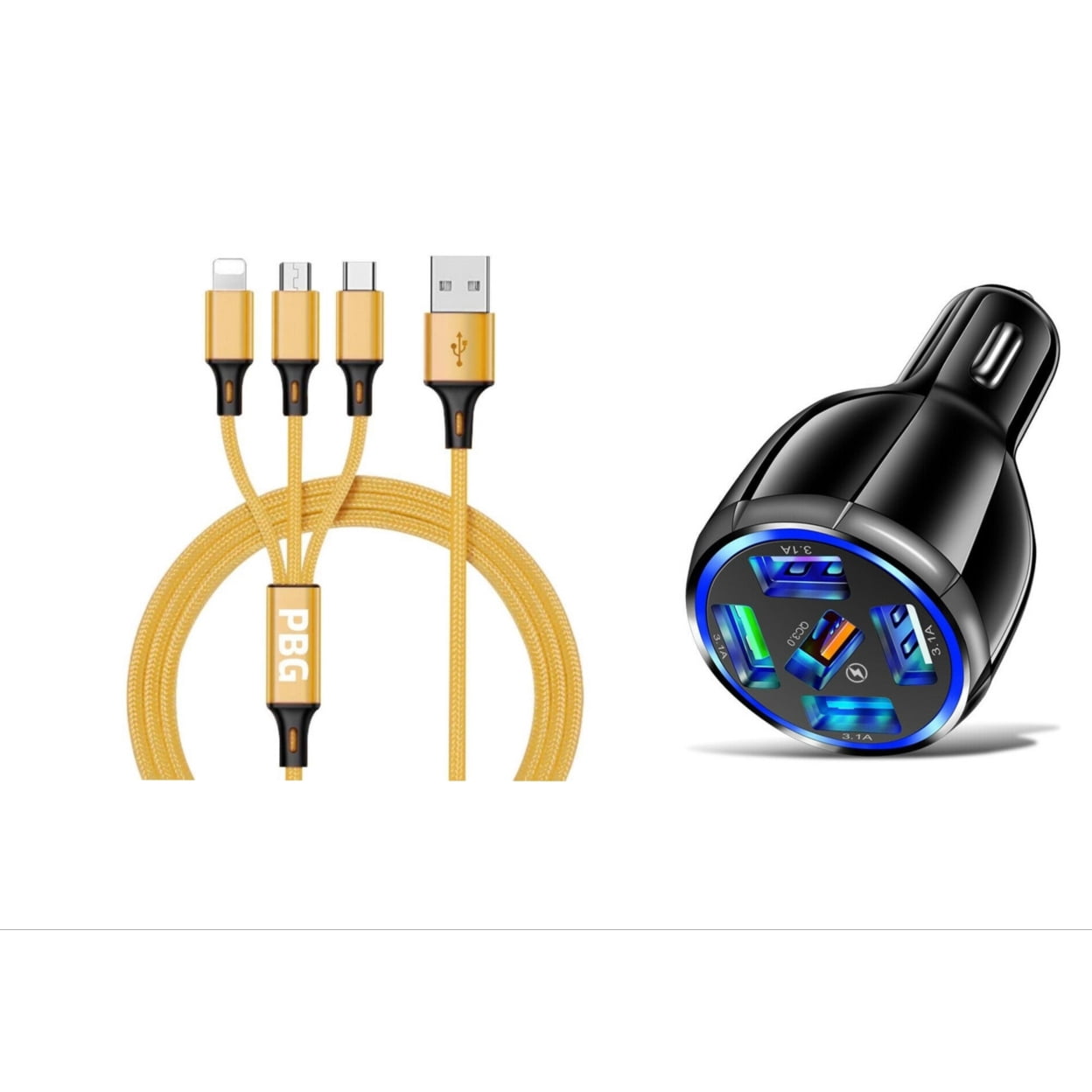 5 Port LED Fast Car Charger + 3 in 1 Cable Combo - Walmart.com