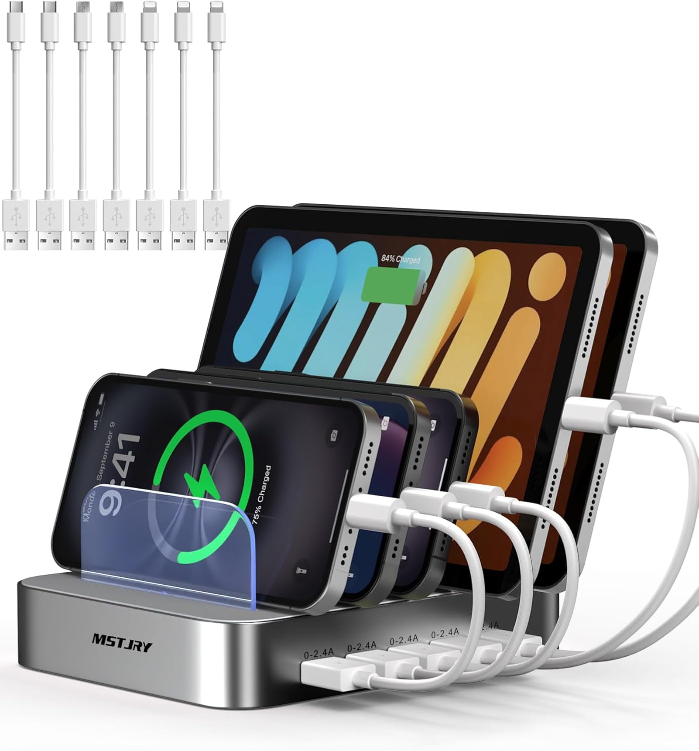 5-Port USB-A Charging Station with 7 Short Cables – Multi-Device ...