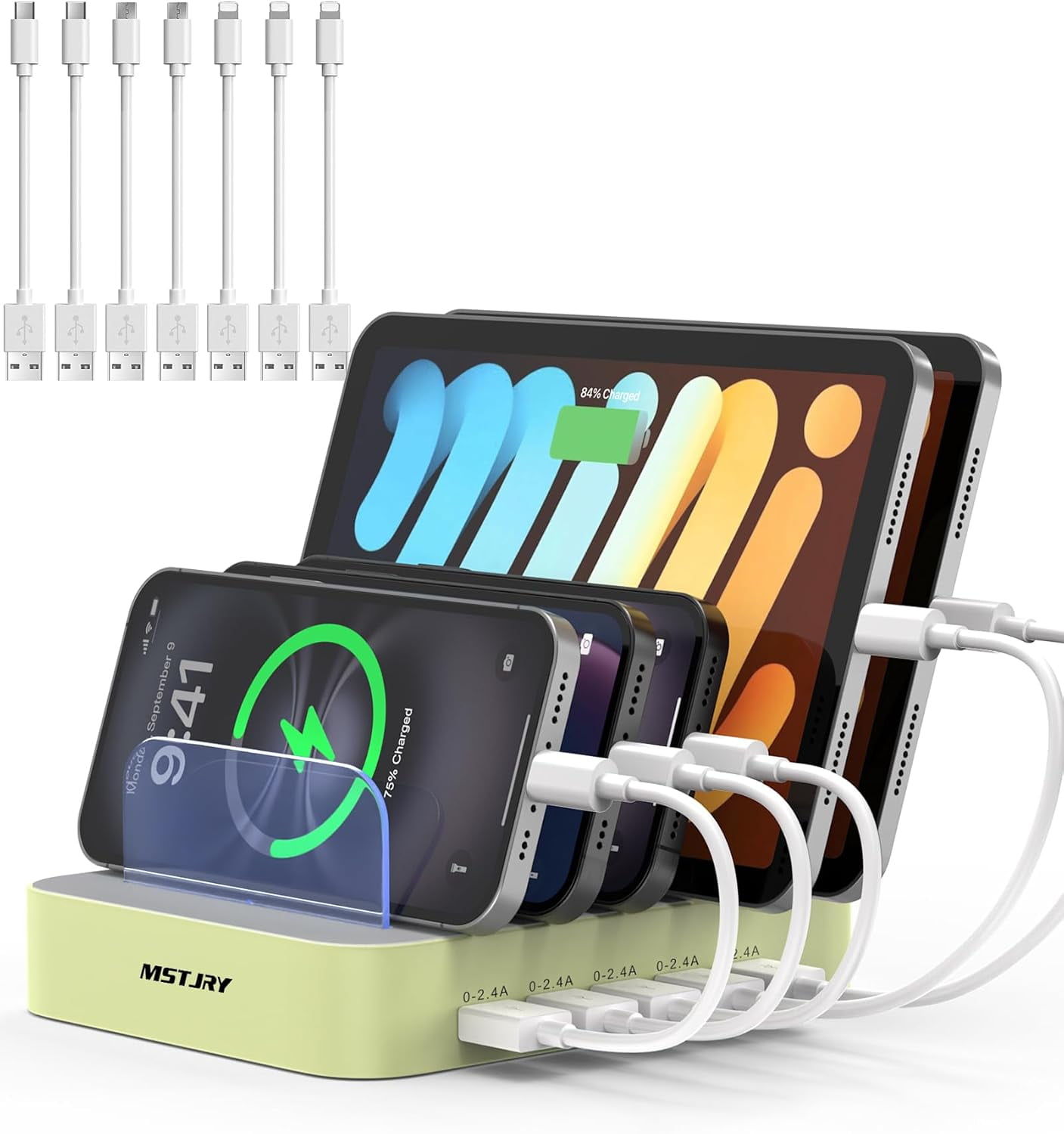 5-Port USB-A Charging Station with 7 Short Cables – Multi-Device ...