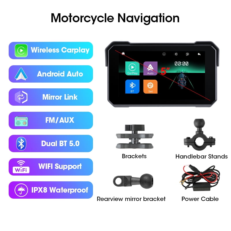 5" Portable Motorcycle Navigation GPS Wireless CarPlay Android Auto ...
