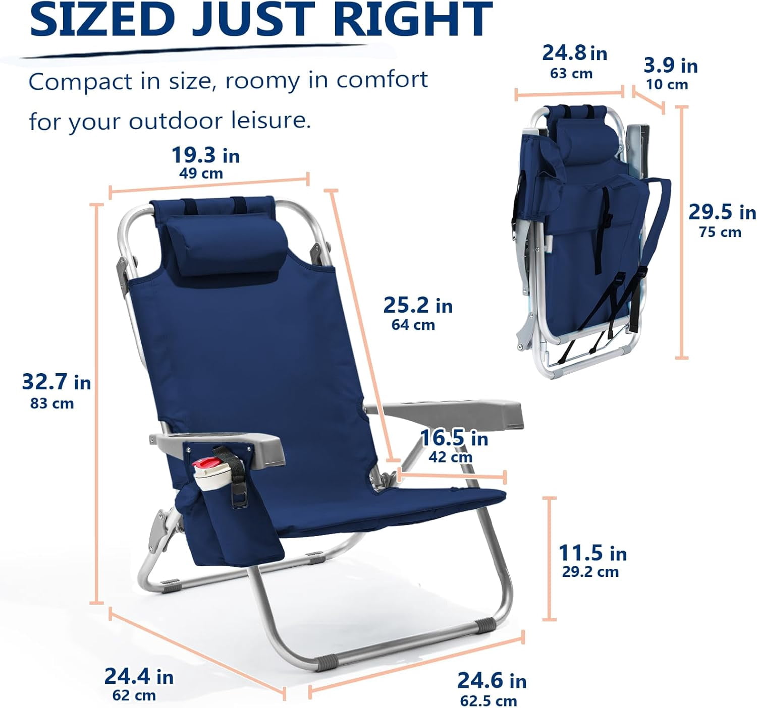 5-Position Aluminum Lay Flat Tall Beach Chair, Compact Portable ...