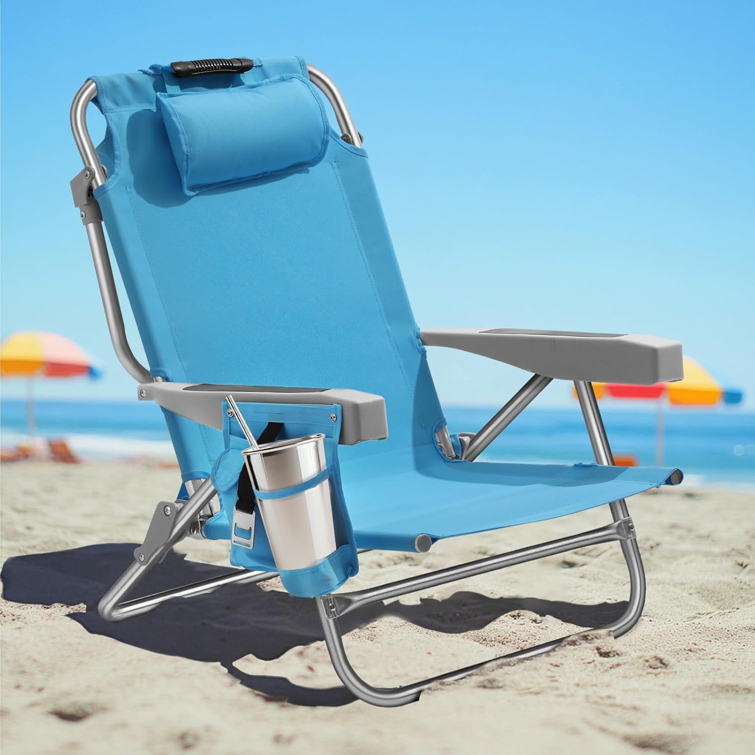 5-Position Aluminum Lay Flat Tall Beach Chair, Compact Portable ...