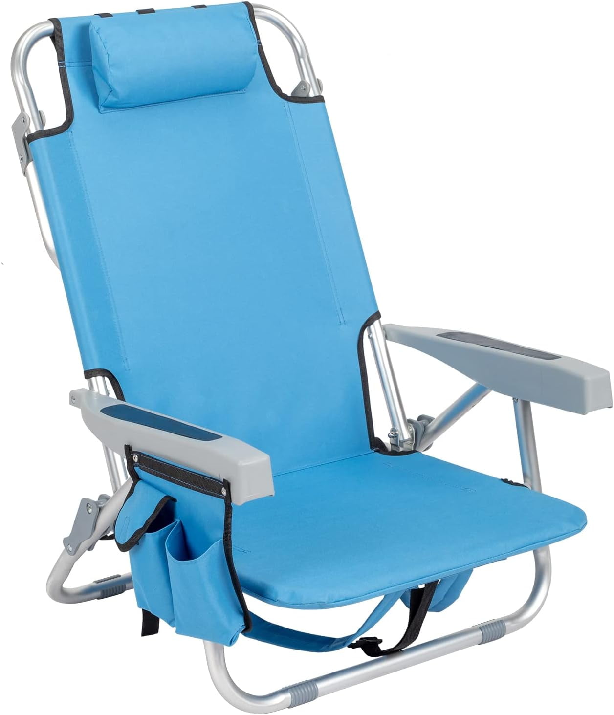 5-Position Folding Low Backpack Beach Chair with Headrest & Cup Holder ...