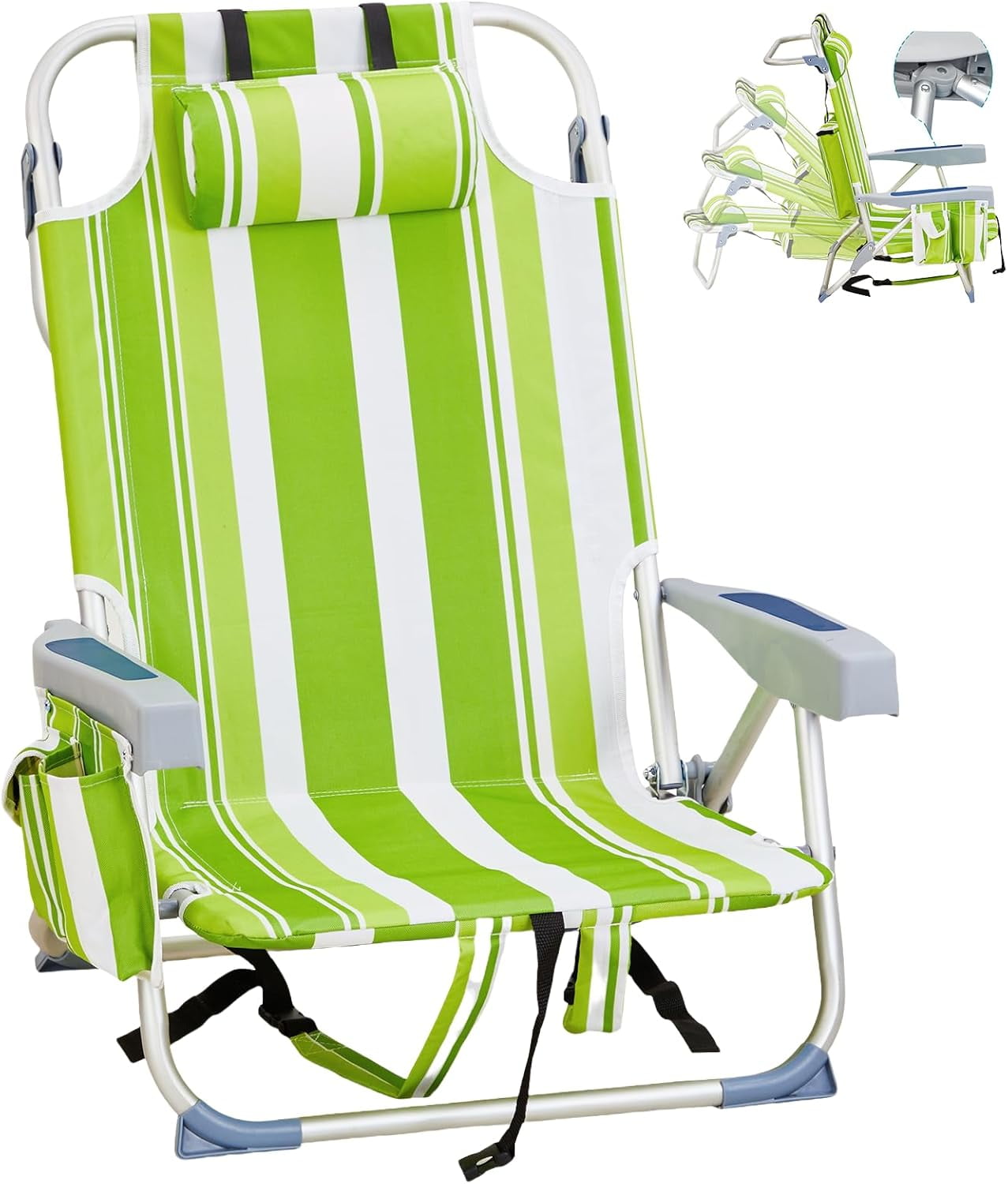 5-Position Folding Low Backpack Beach Chair with Headrest & Cup Holder ...