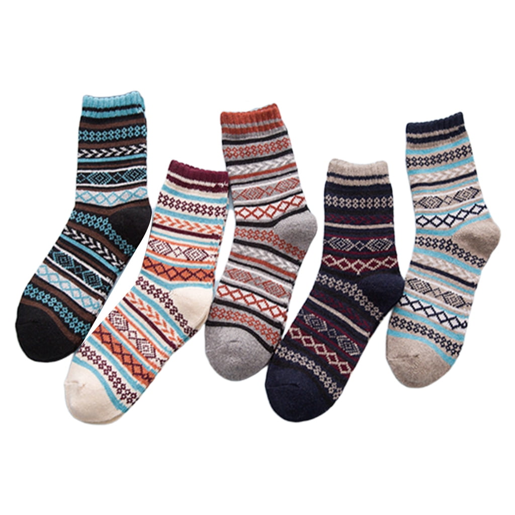5 Ps Mens Vintage Faux Wool Chunky Knit Crew Socks Color Block ...