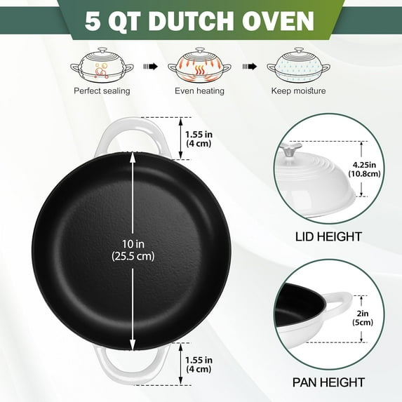 5 QT Cast Iron Dutch Oven, Pre-seasoned Enamel Pot with Lid, Non-stick ...