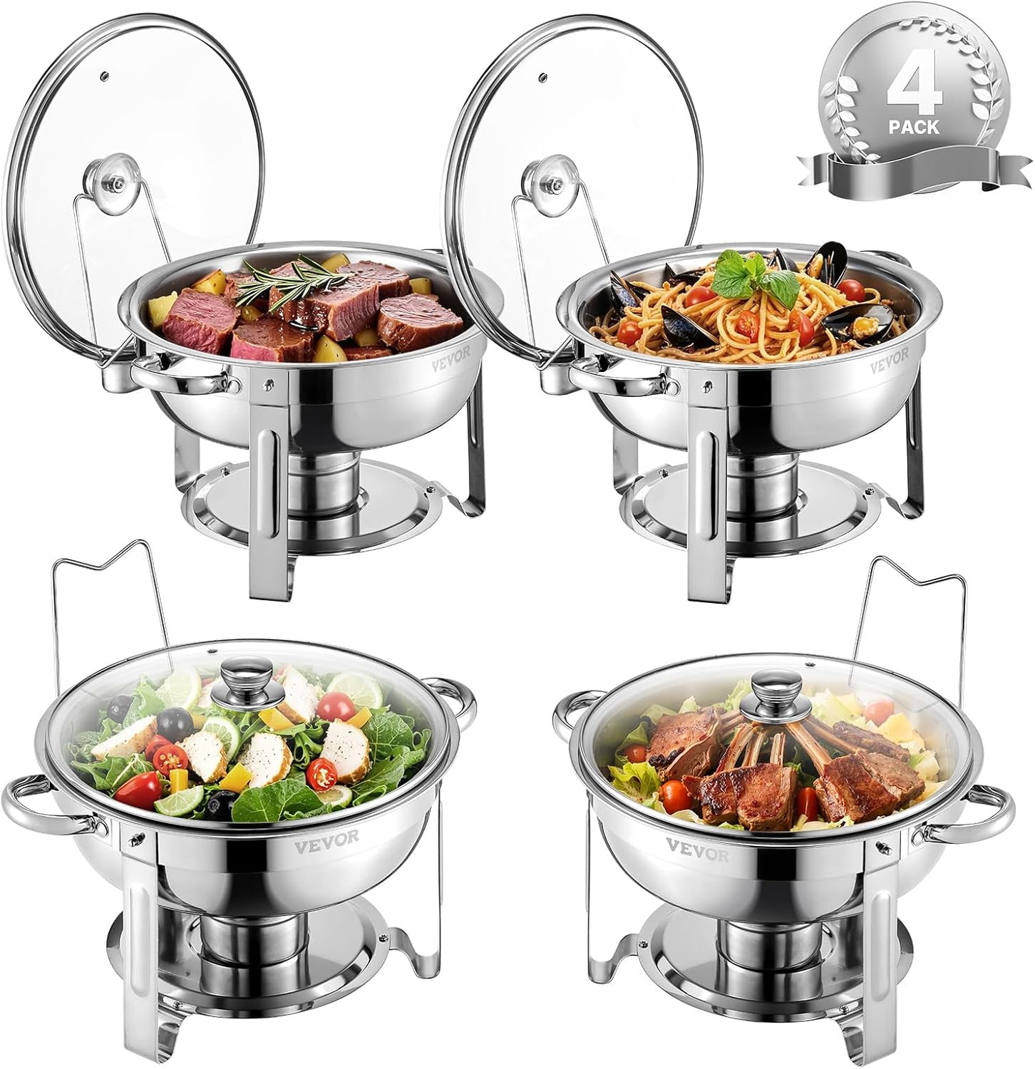 5 Qt 4 Pack Stainless Steel Chafing Dish Buffet Set with 4 Full Size ...