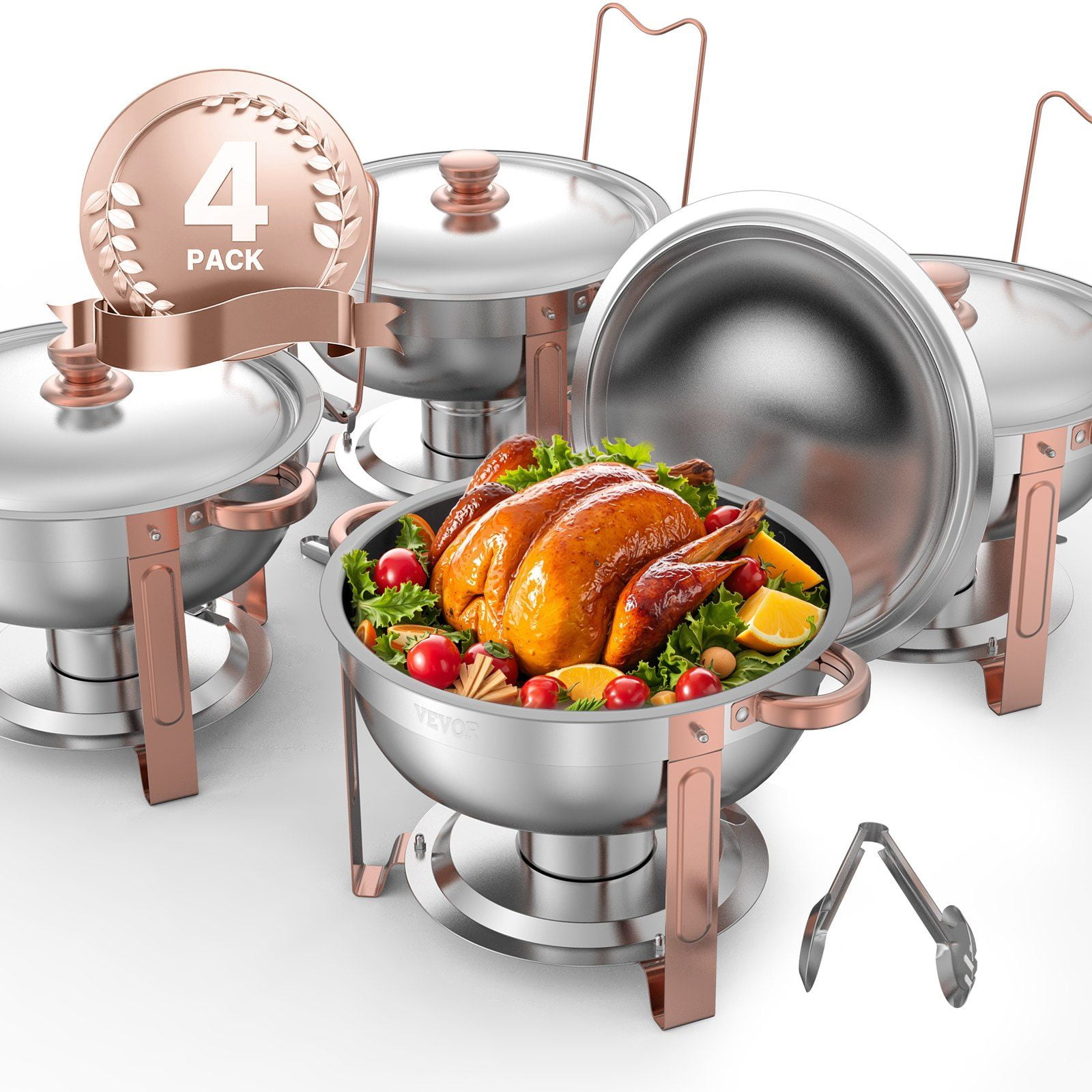 5 Qt Round Chafing Dish Buffet Set of 4, Stainless Steel Full Size Food ...