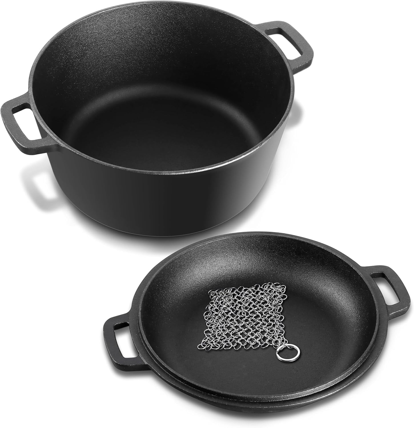 5 Quart Cast Iron Dutch Oven, 2-In-1 Pre-seasoned Dutch Oven with Chain Mail, Ideal for ...