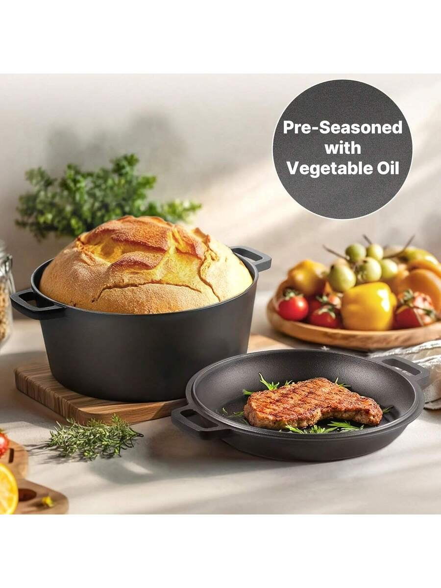 5 Quart Cast Iron Dutch Oven with Skillet Lid 2-in-1 Combo Set, Pre ...