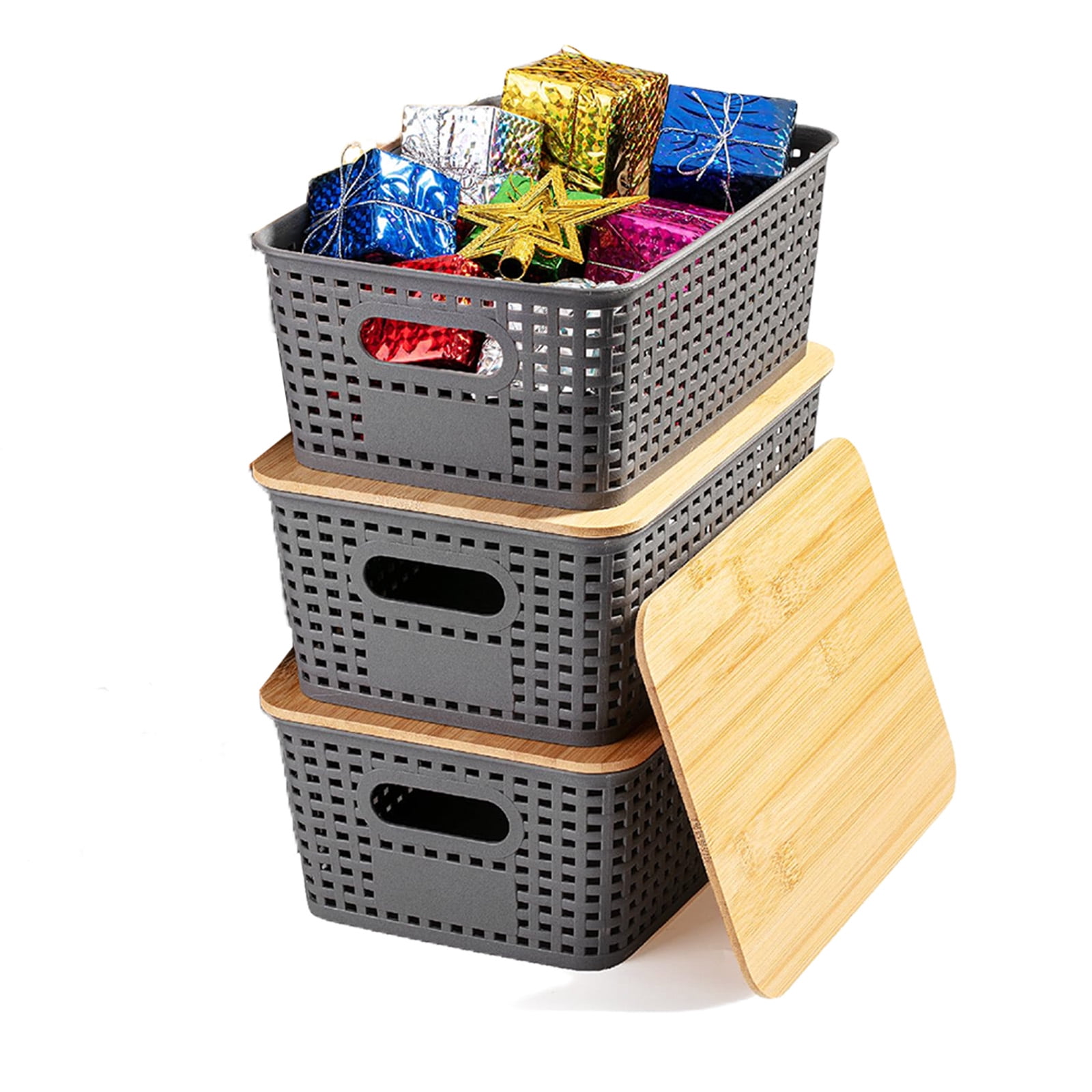 5 Quart Plastic Storage Bin with Bamboo Lid, Small Stackable Decorative ...