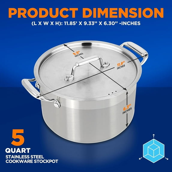 5-Quart Stainless Steel Stockpot with Lid. Large Capacity Stainless ...