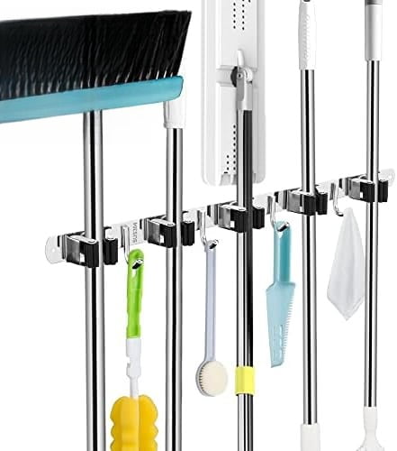 5 Racks and 4 Hooks Mop and Broom Holder Wall Mount, Broom Organizer ...