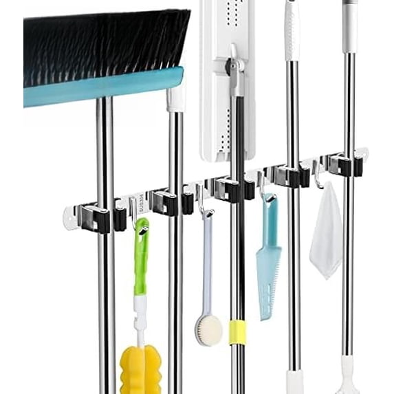 5 Racks and 4 Hooks Mop and Broom Holder Wall Mount, Broom Organizer ...