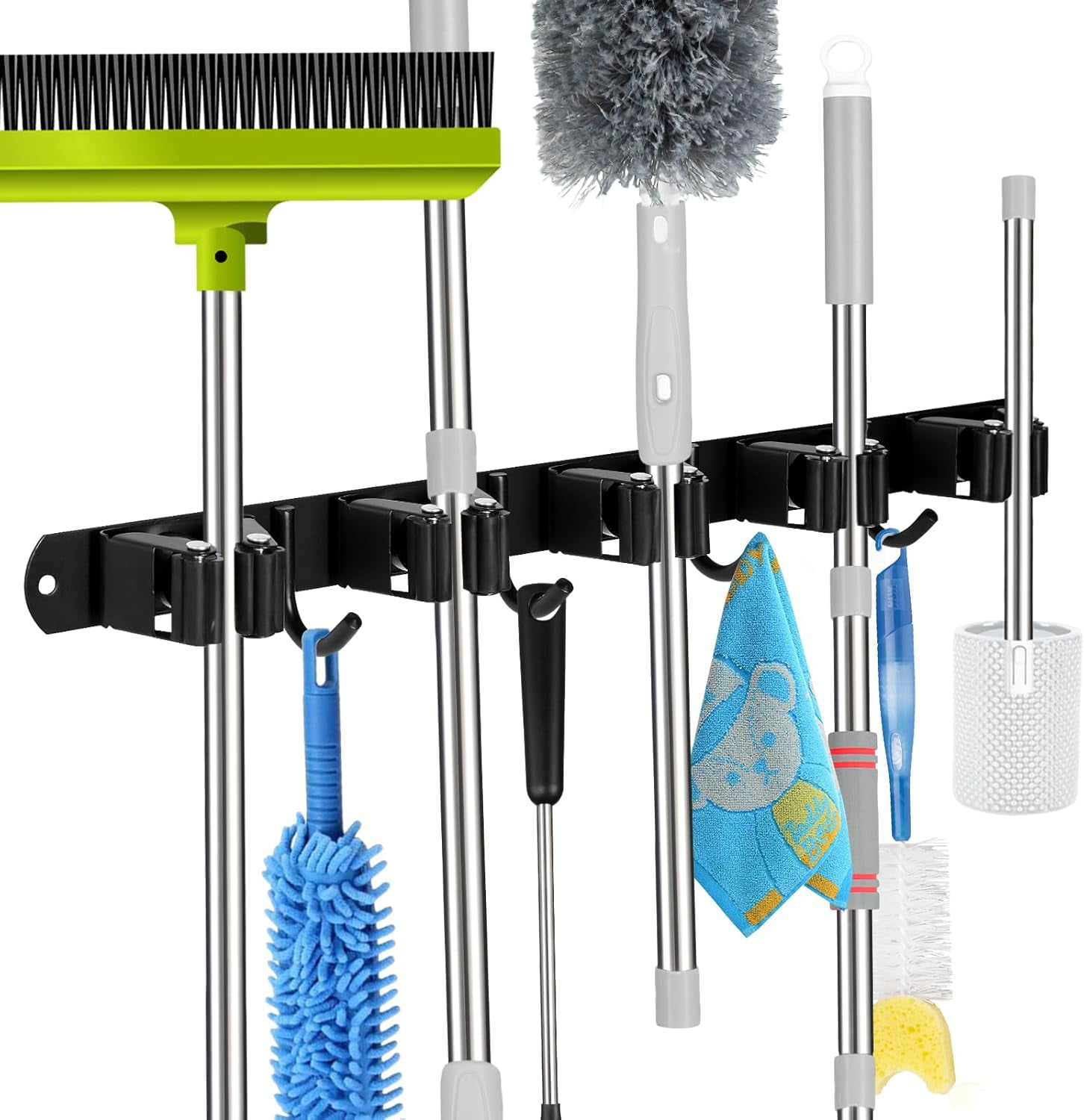 5 Racks and 4 Hooks Mop and Broom Holder Wall Mount, Self Adhesive ...