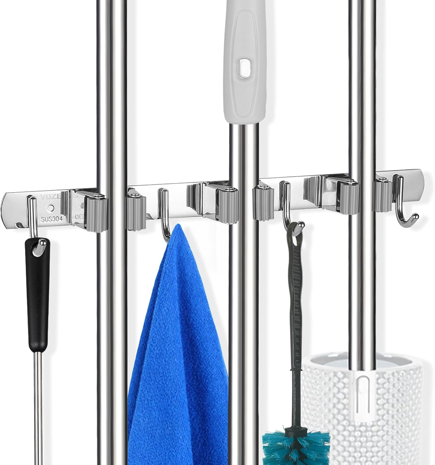 5 Racks and 4 Hooks Mop and Broom Holder Wall Mount, Self Adhesive ...
