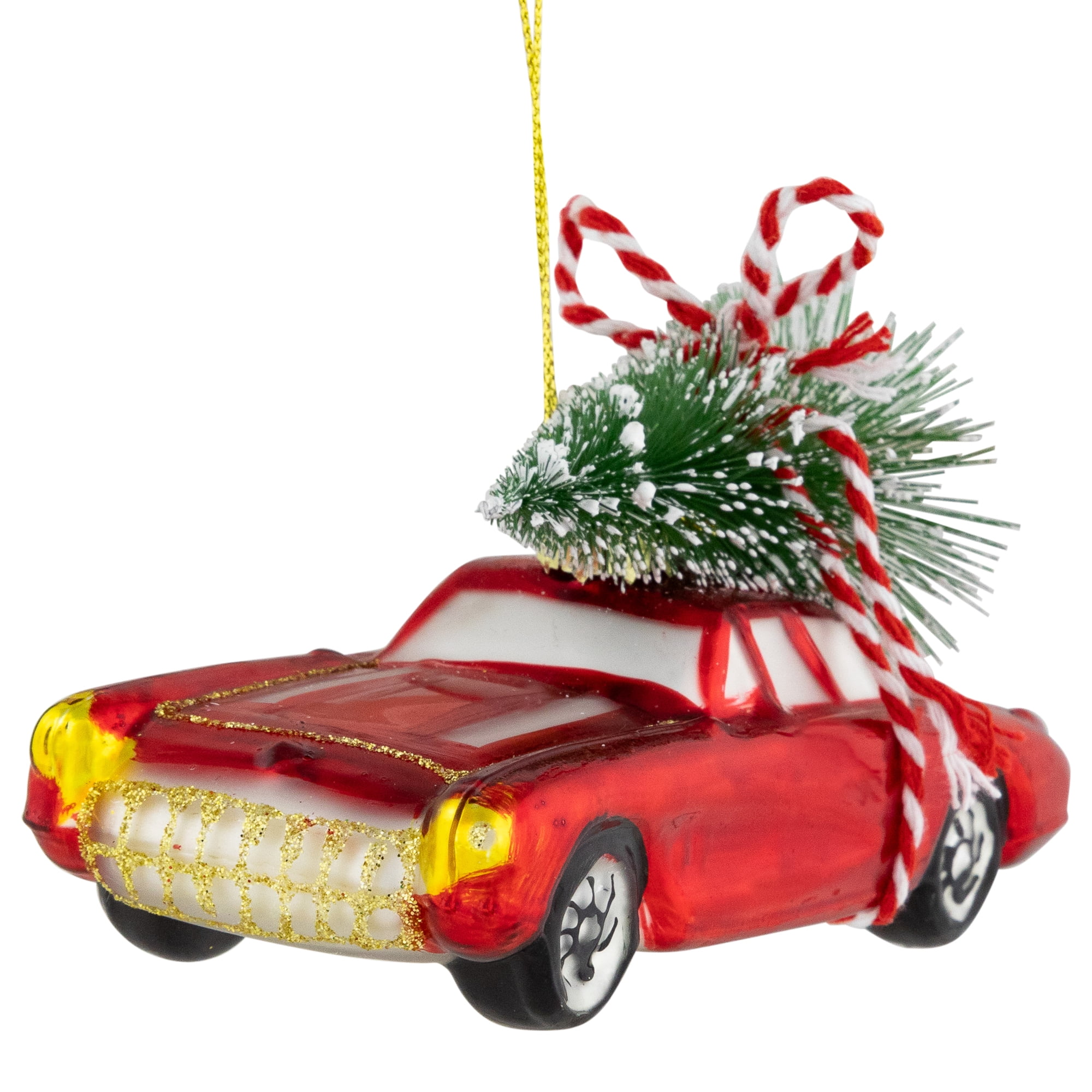5" Red Vintage Car with Christmas Tree Glass Ornament - Walmart.com