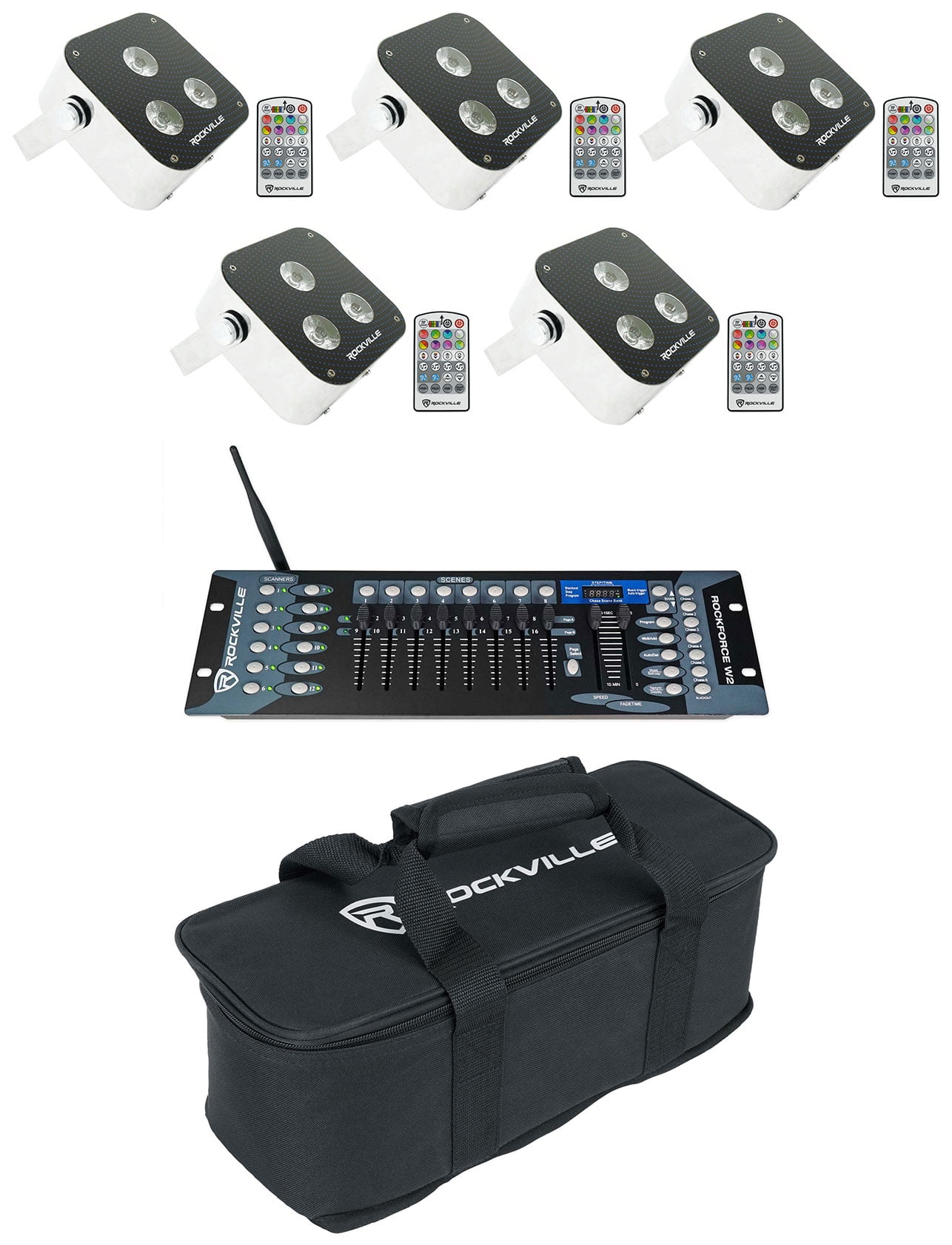 (5) Rockville MINI RF3 RGBWA+UV DMX DJ/Party LED Wash Lights+DMX ...