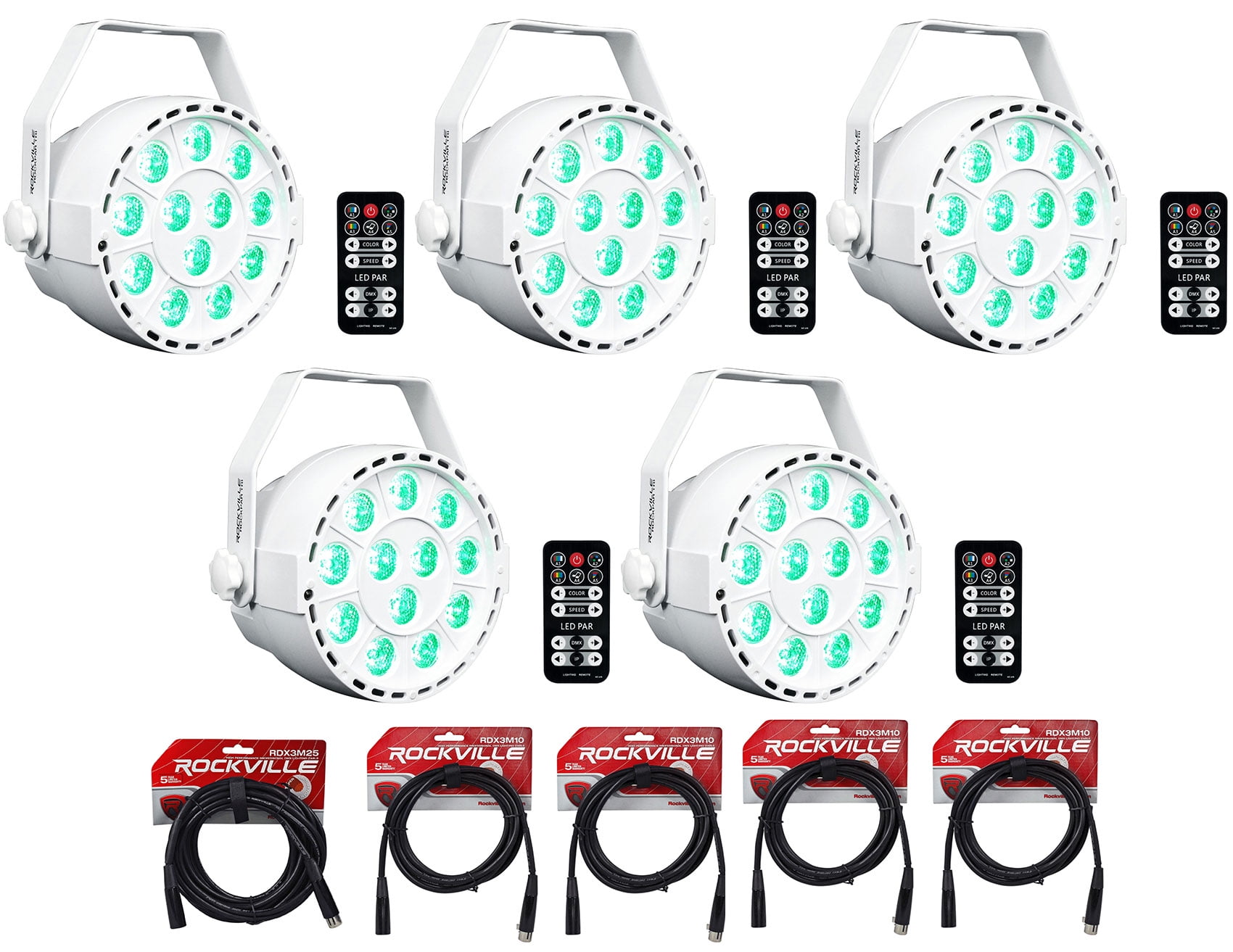 5 Rockville RockPAR TRI LED RGB Par Cans DJ White DMX Wash Lights ...