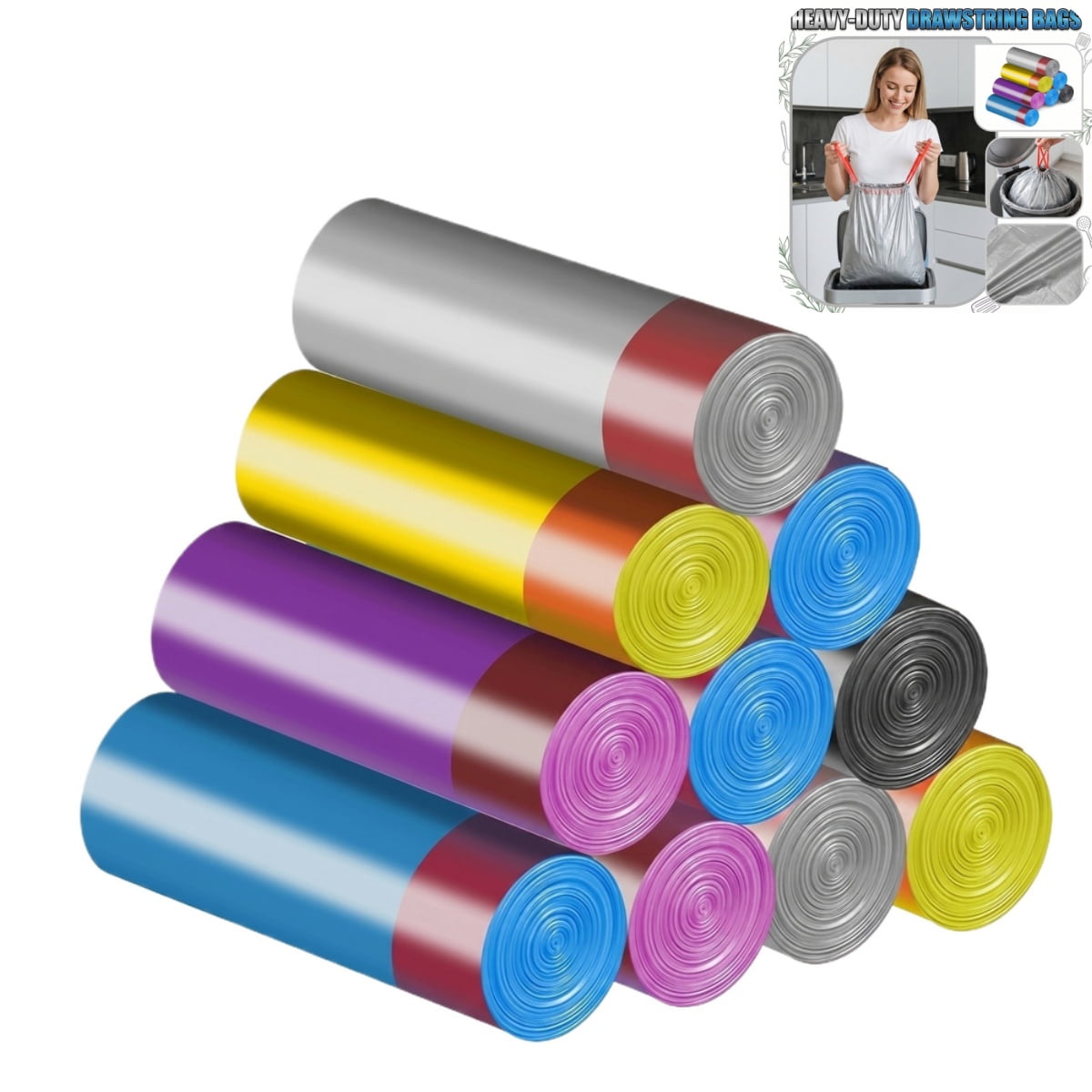 5‑Roll Heavy‑Duty Drawstring Trash Bags, 75 Count Total Thick Garbage ...