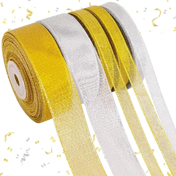 5 Rolls Christmas Glitter Ribbon Set - Gold & Silver 3/8" & 1" x 125 ...